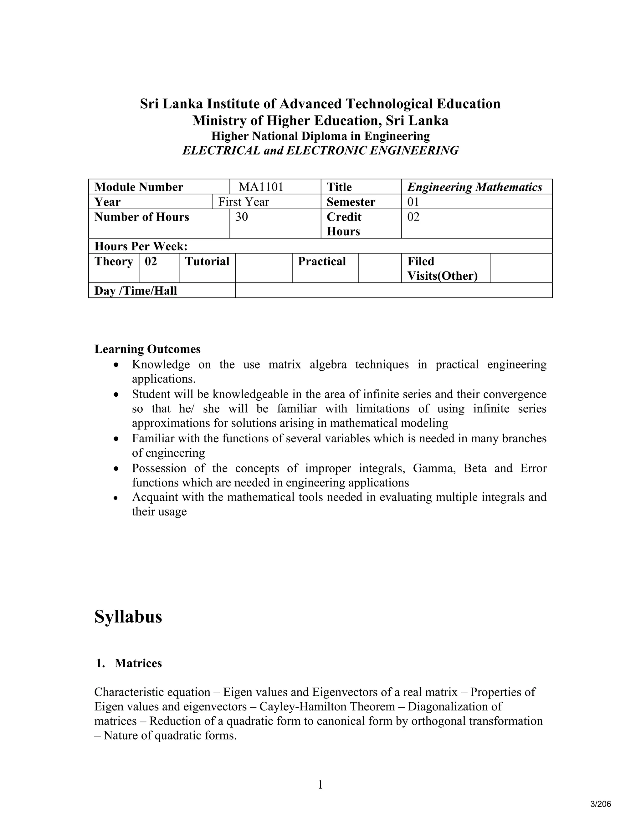 HNDE Electrical Engineering Syllabus | PDF