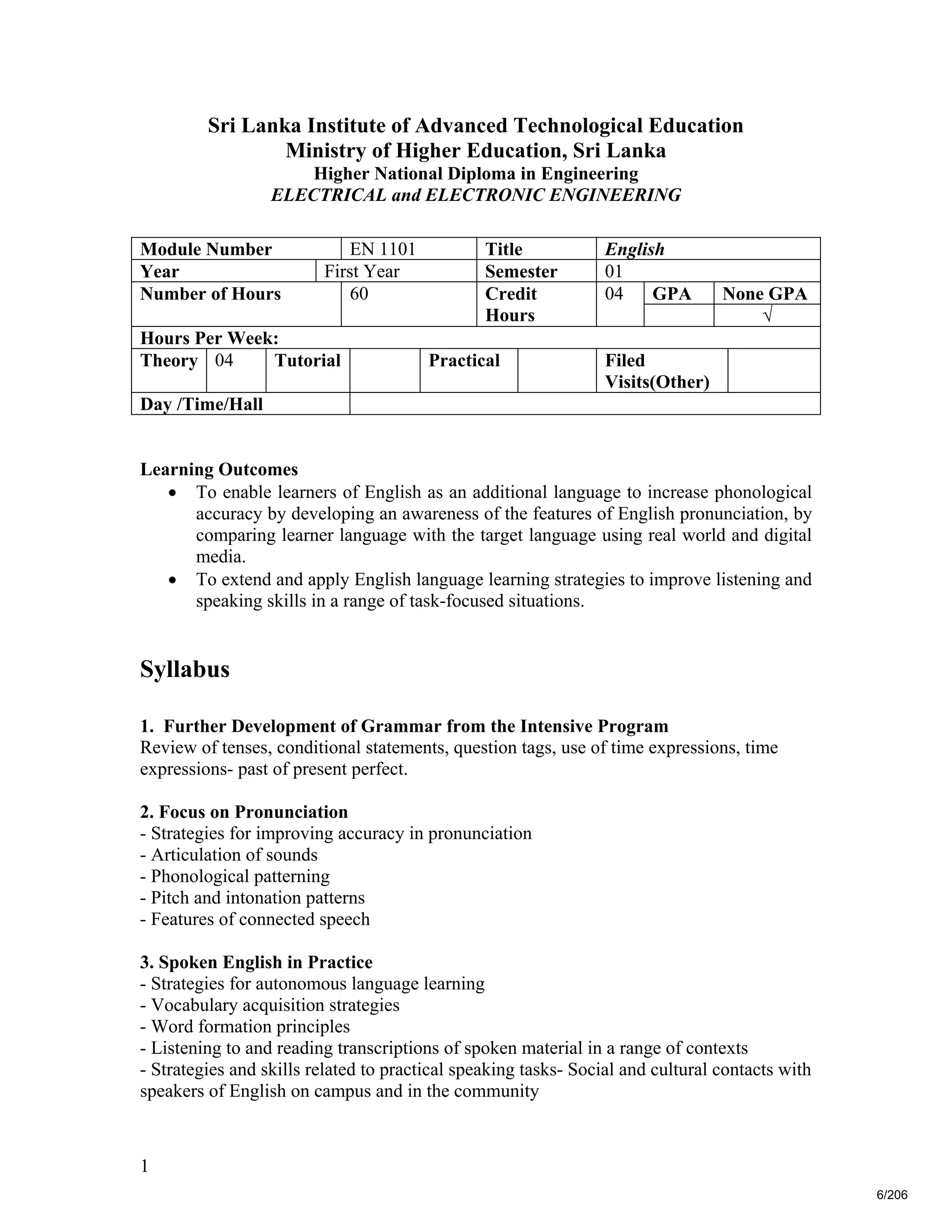 HNDE Electrical Engineering Syllabus | PDF