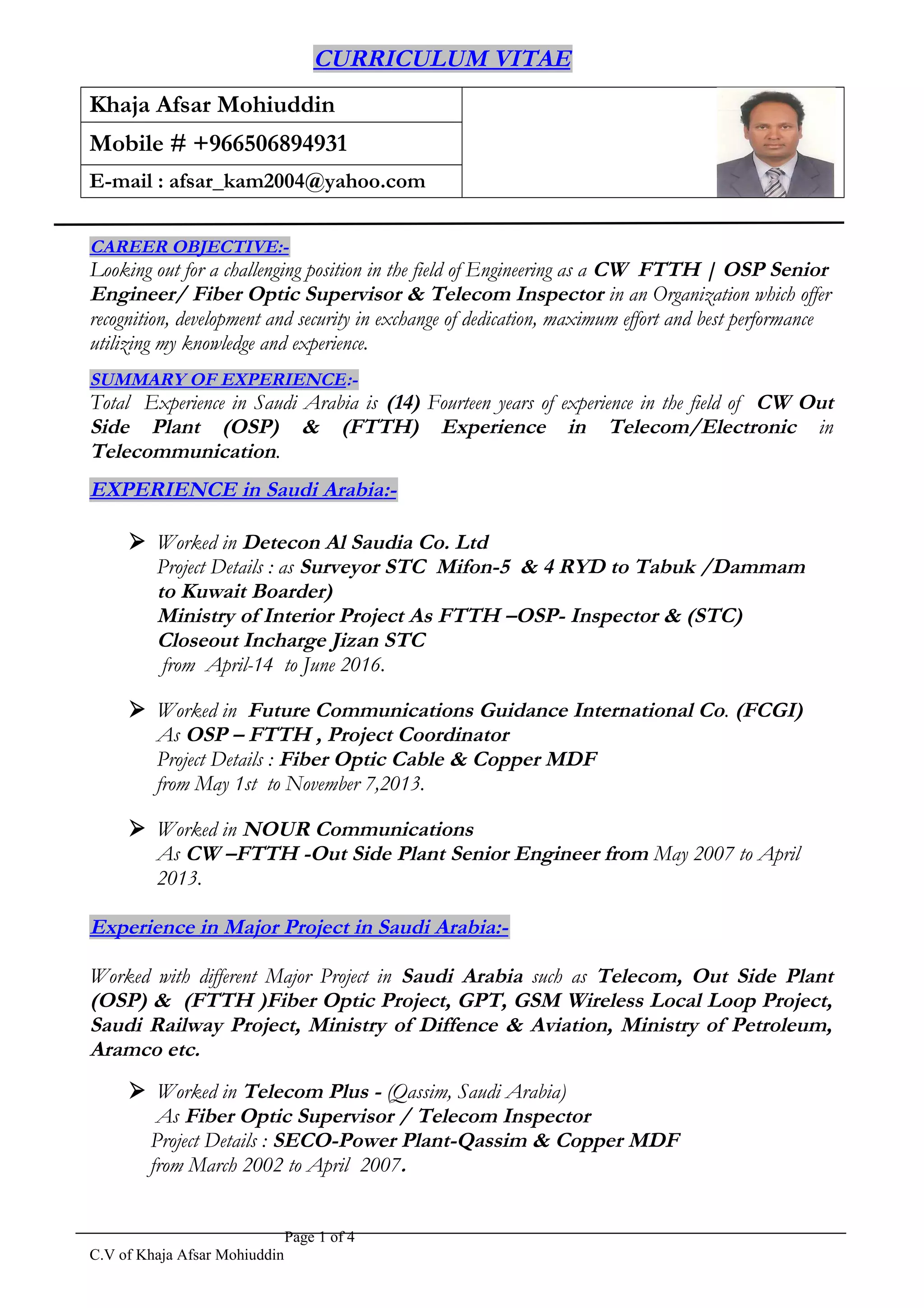 Afsar_CW FTTH & OSP Senior Engineer-Resume | PDF