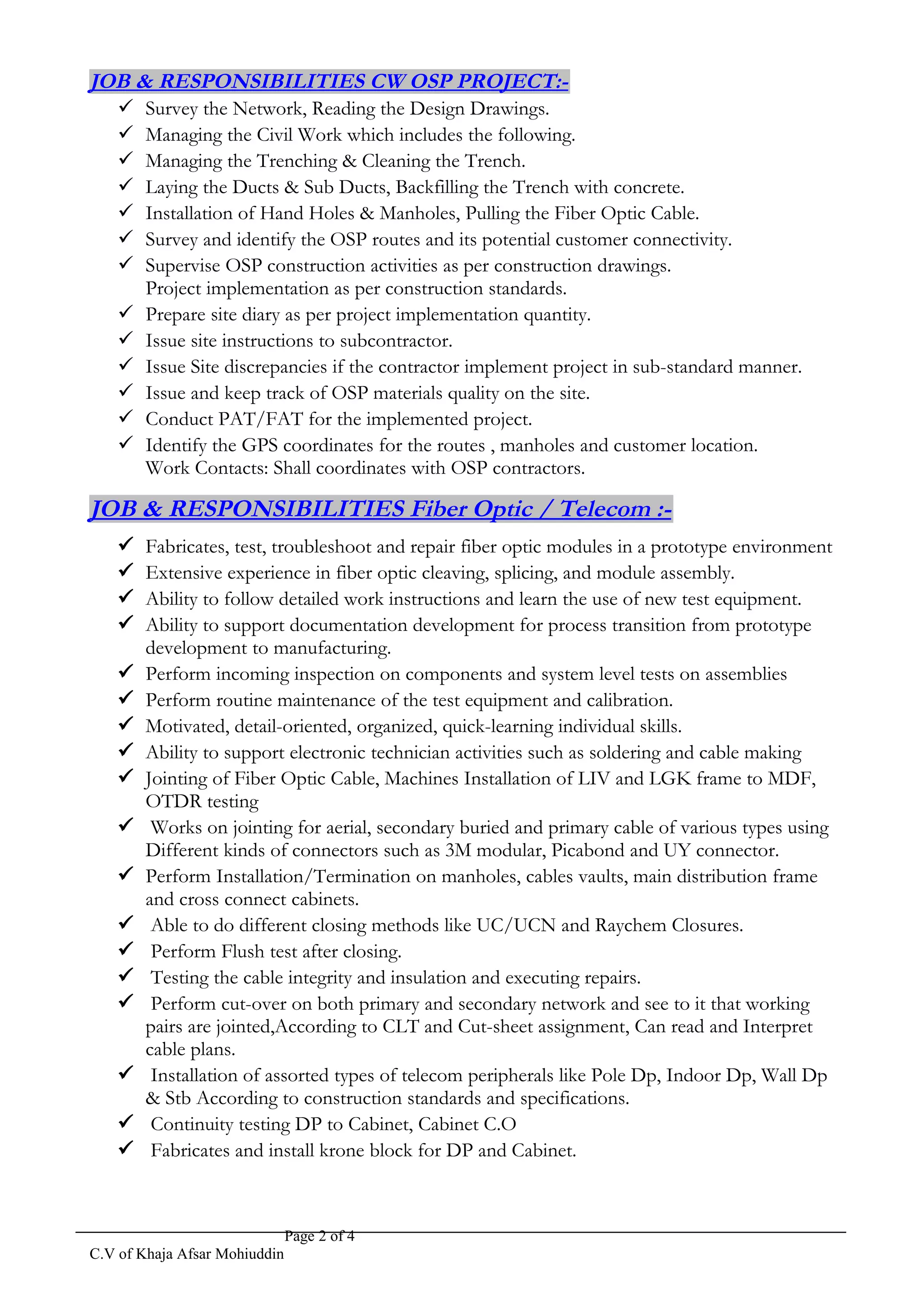 Afsar_CW FTTH & OSP Senior Engineer-Resume | PDF