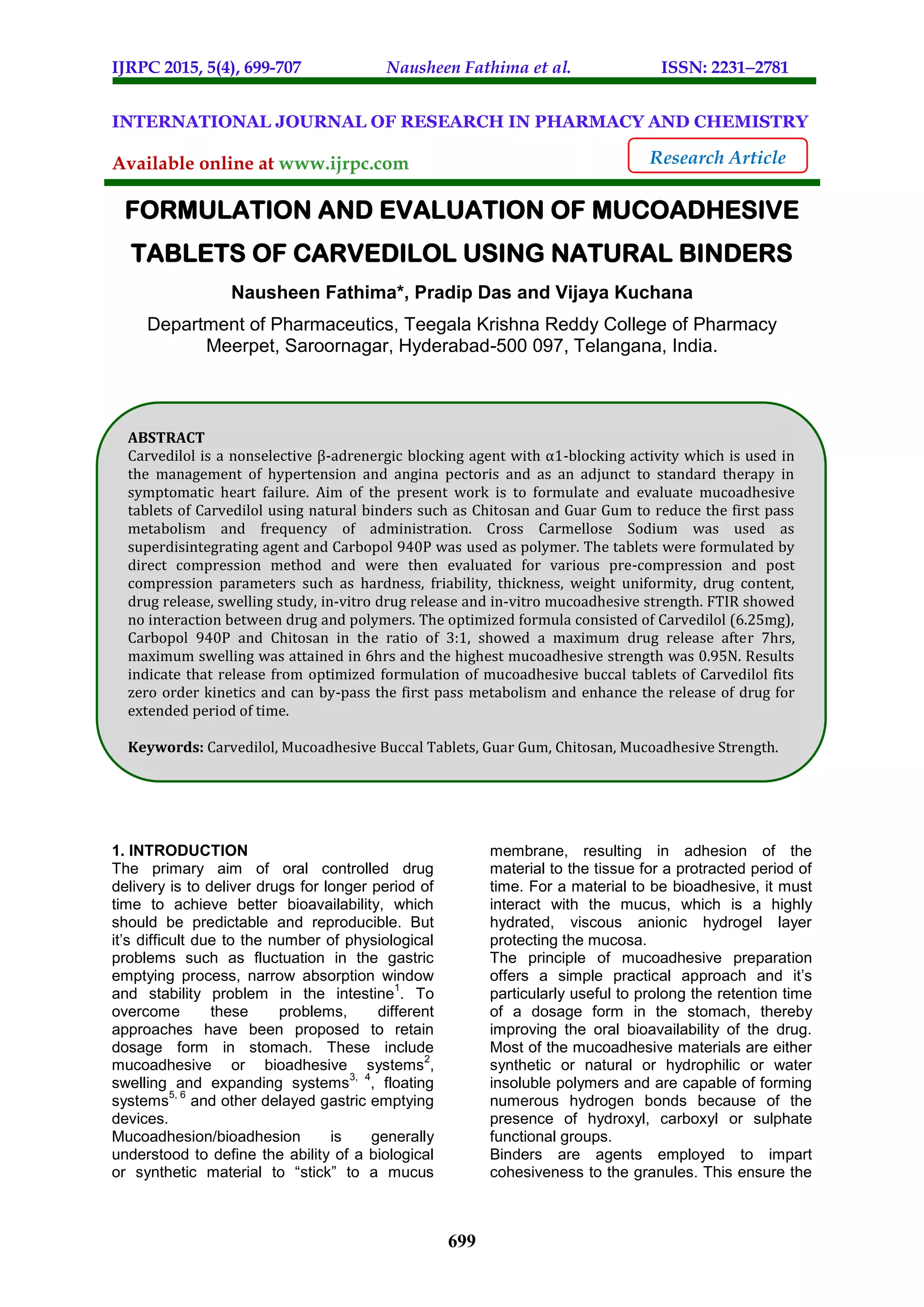 Formulation And Evaluation of Mucoadhesive Tablets of Carvedilol Using ...