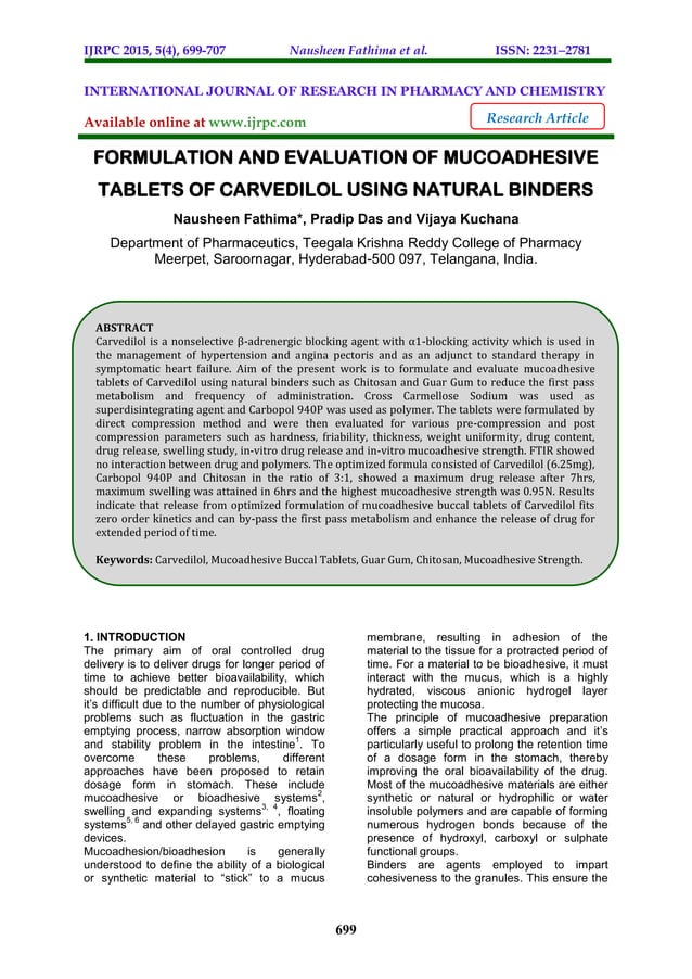 Formulation And Evaluation Of Mucoadhesive Tablets Of Carvedilol Using Natural Binders Pdf
