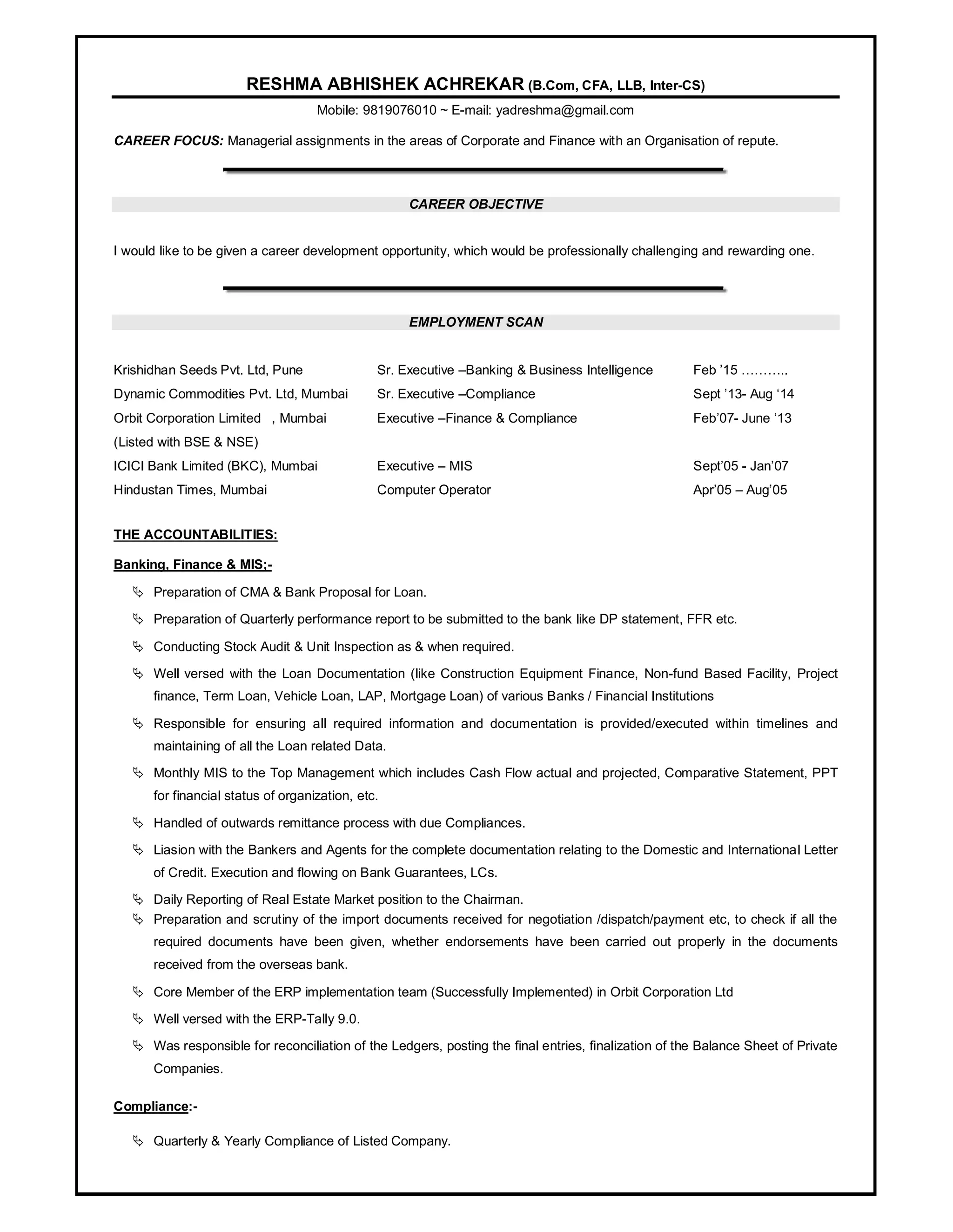 CV OF RESHMA ACHREKAR (Banking & Compliance) | PDF