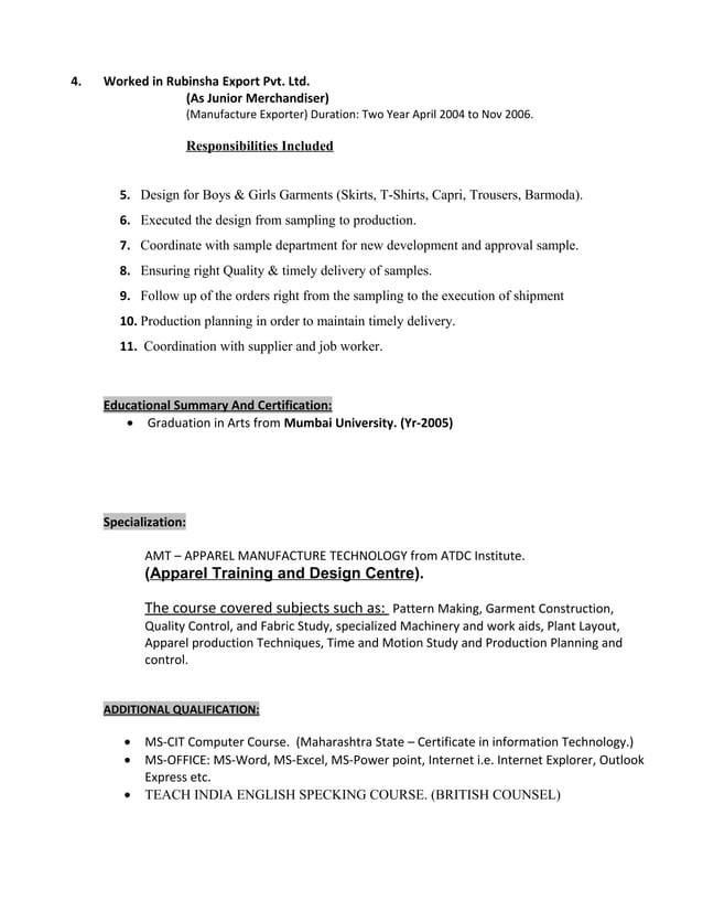 JYOTI RESUME | DOC | Apparel Industry | Industries