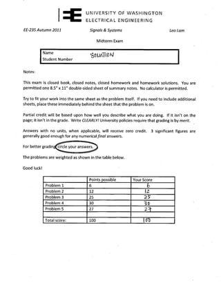 EE 235 Midterm Exam + Solution 2011 | PDF