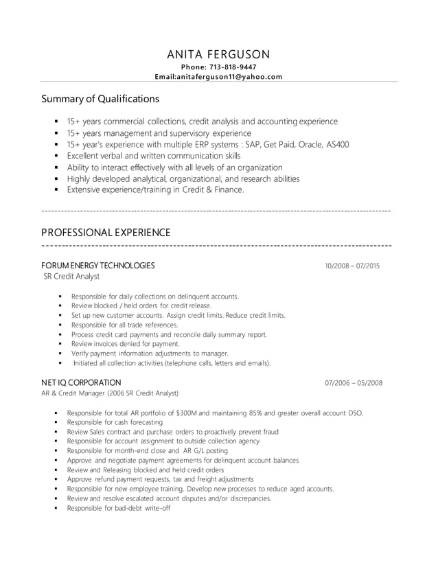 Anita Ferguson 2016 Resume | DOCX | Credit Cards | Personal Debt