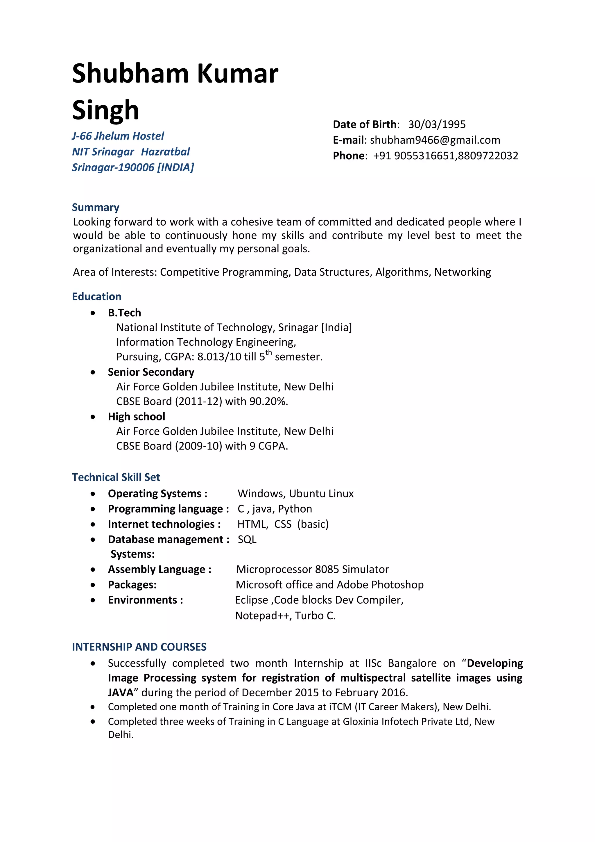 Resume Shubham Kumar Singh 2 | PDF Resume Shubham Kumar Singh 2 | PDF