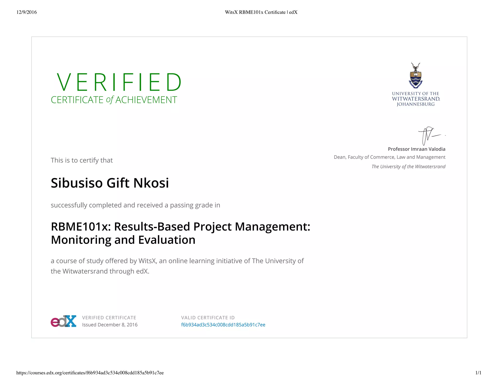 WitsX RBME101x Certificate edX | PPT