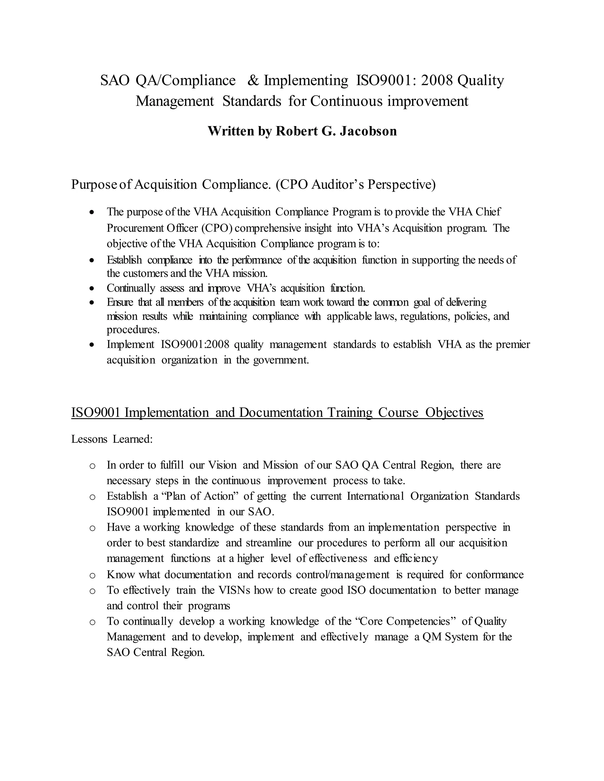 SAO QA ISO9001 Point Paper by Robert Jacobson | DOCX | Mergers and ...