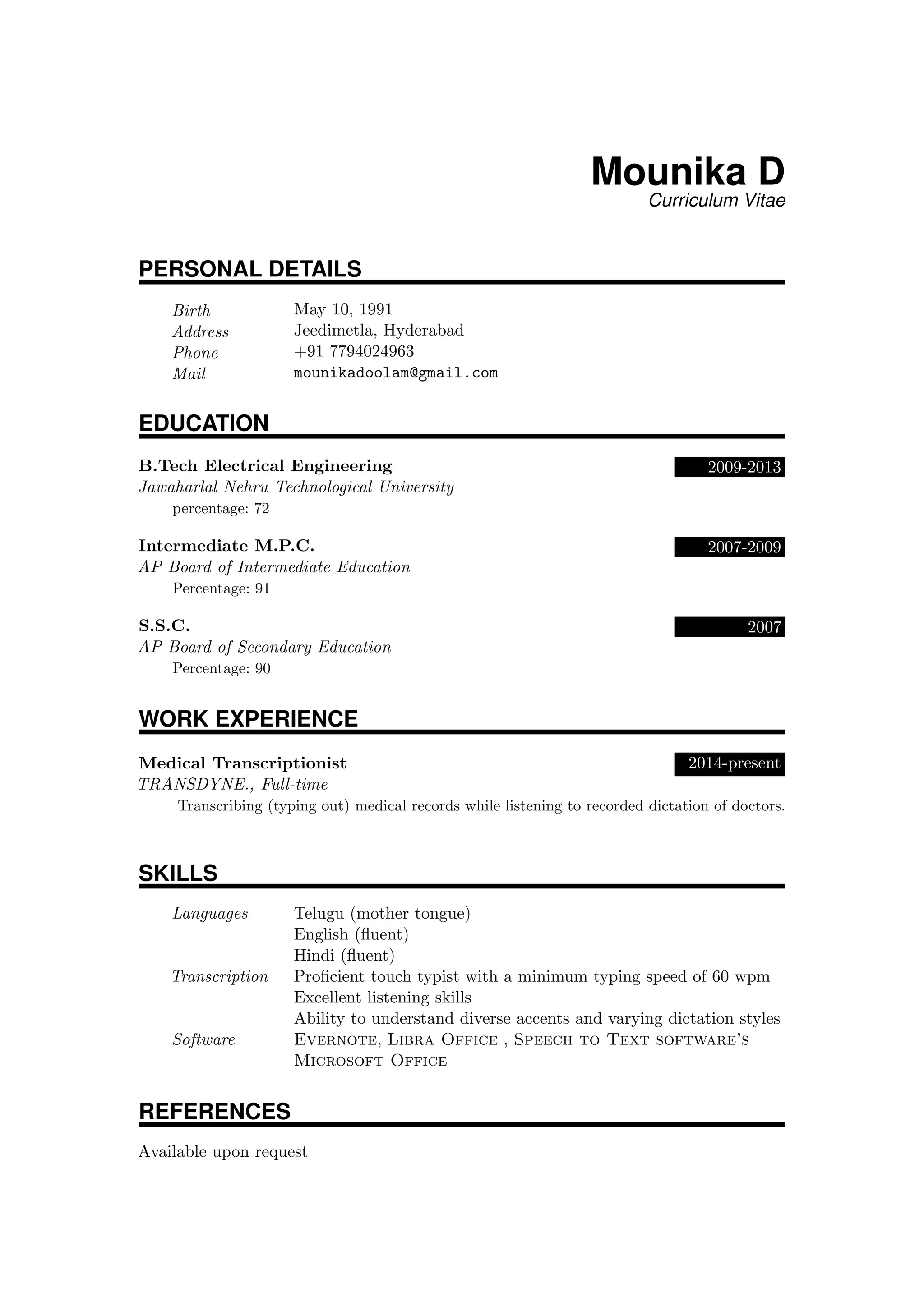 Resume_Mounika_Transcriptionist | PDF