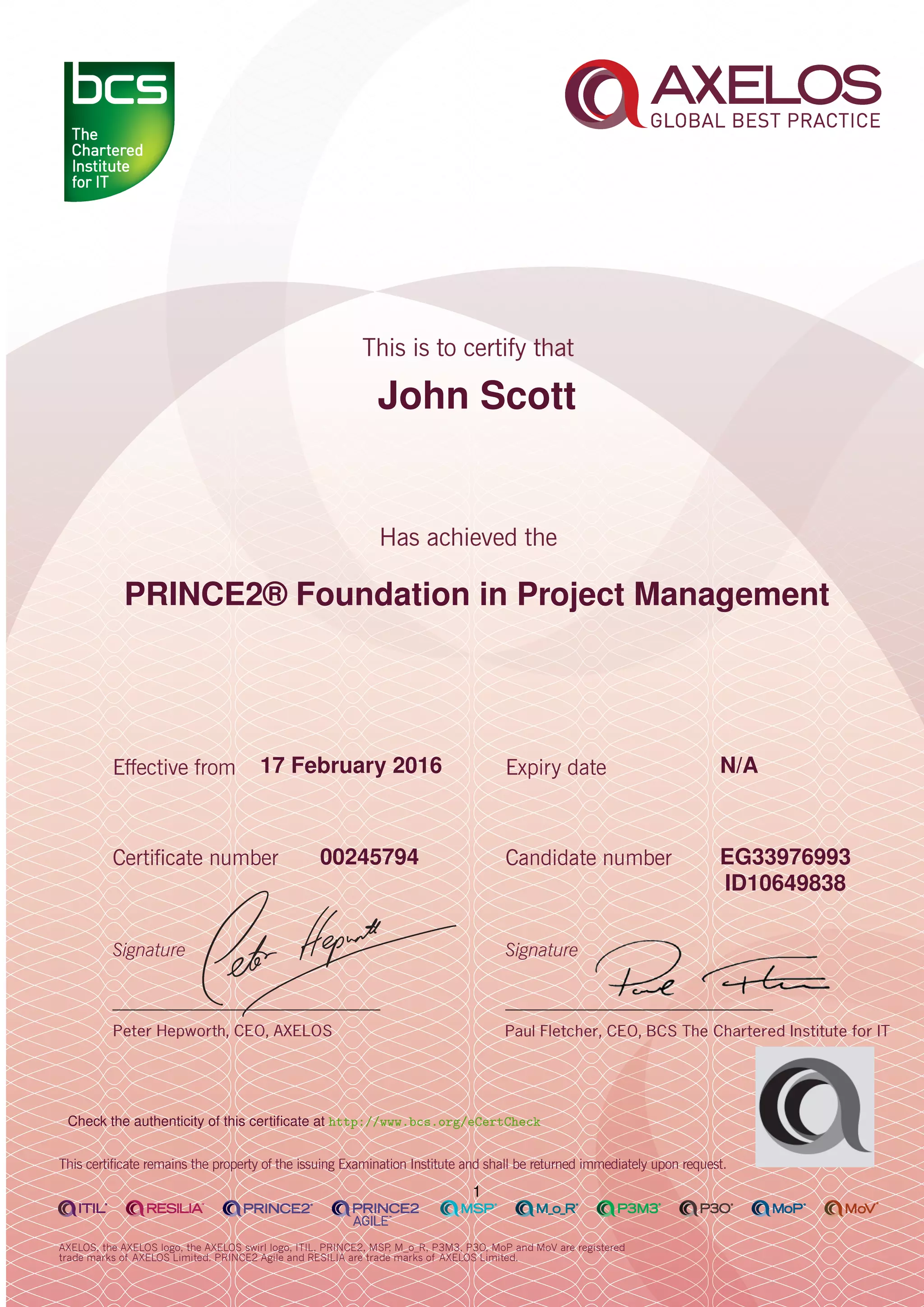 PRINCE2 Foundation Certificate | PDF
