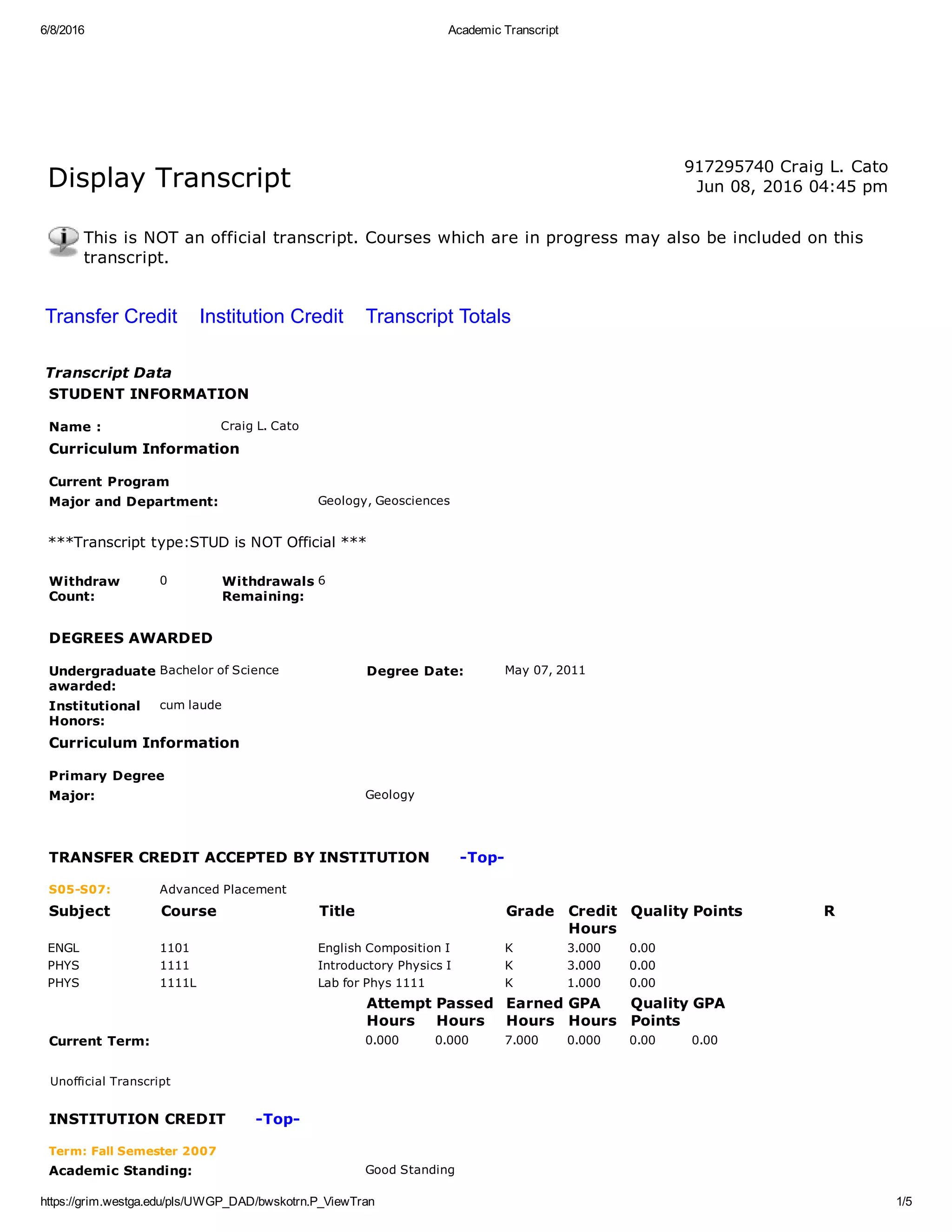 Craig Cato Undergraduate Transcript | PDF | Undergraduate Education | College Education