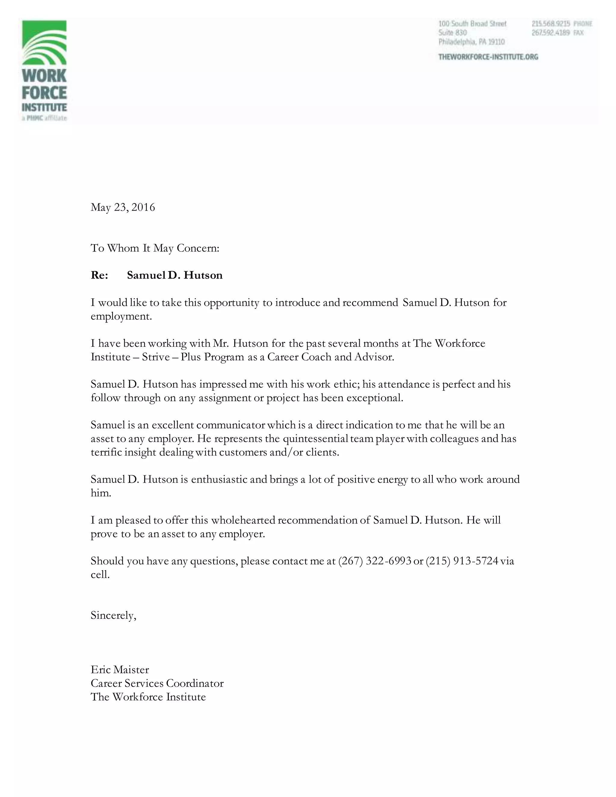 Samuel Reference Letter | DOCX | Business | Business and Finance