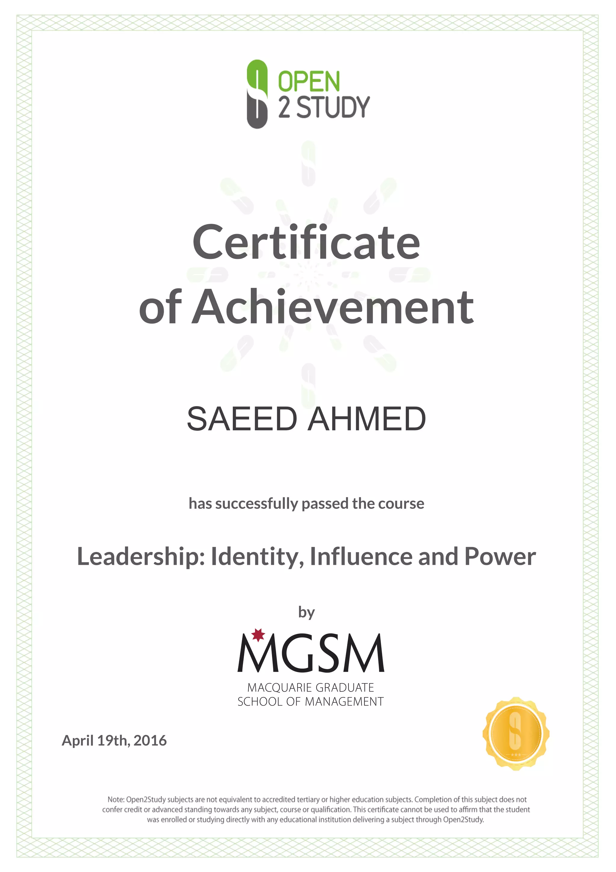 Certificate - Leadership by MGSM | PDF