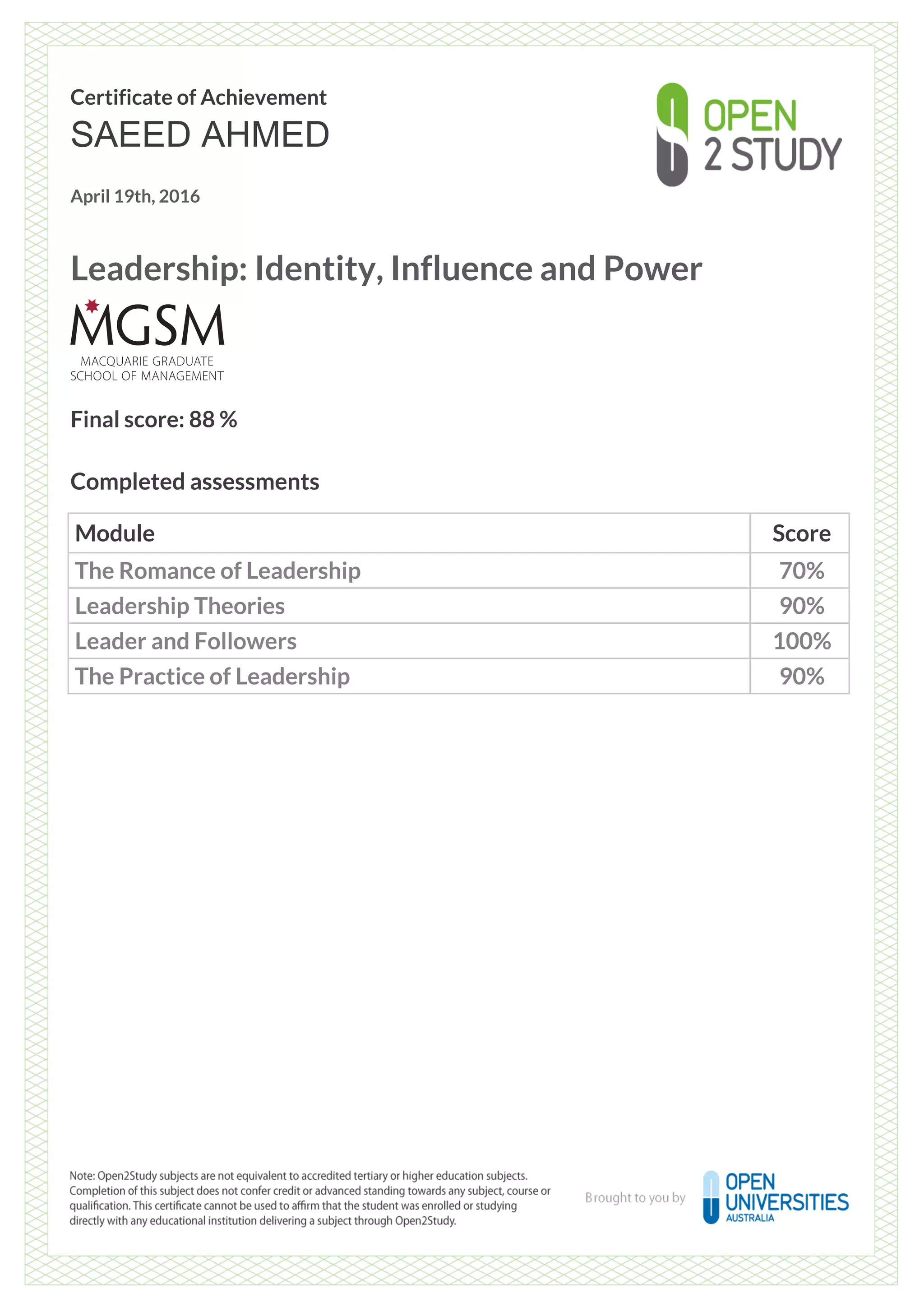 Certificate - Leadership by MGSM | PDF