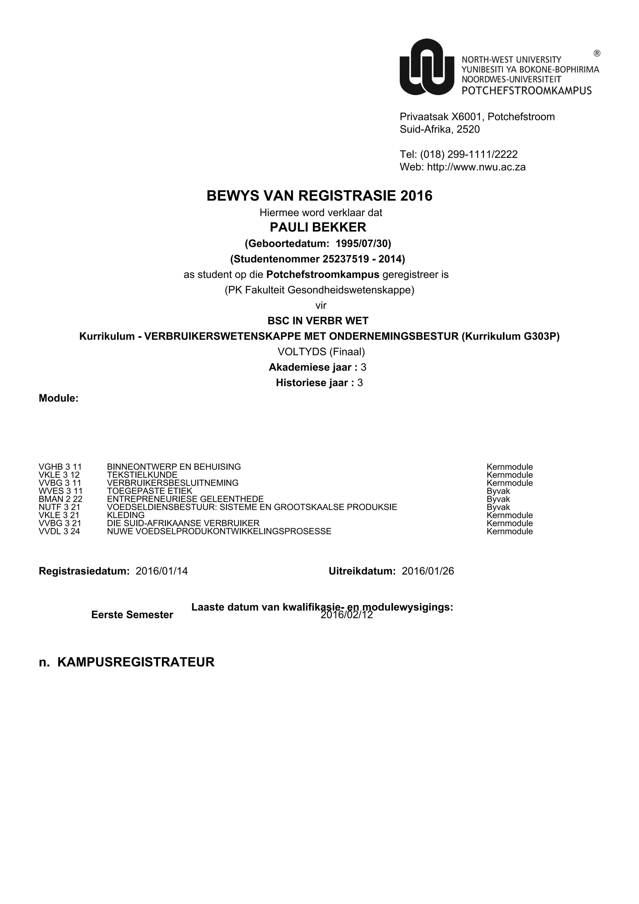 Bewys van registrasie 2016 | PDF