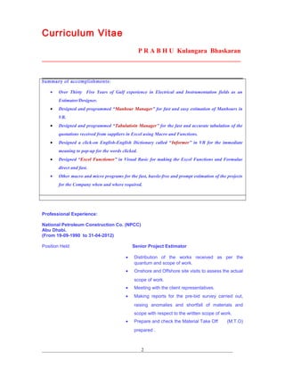 prabhu cv | DOC | Civil Engineering Industry | Industries