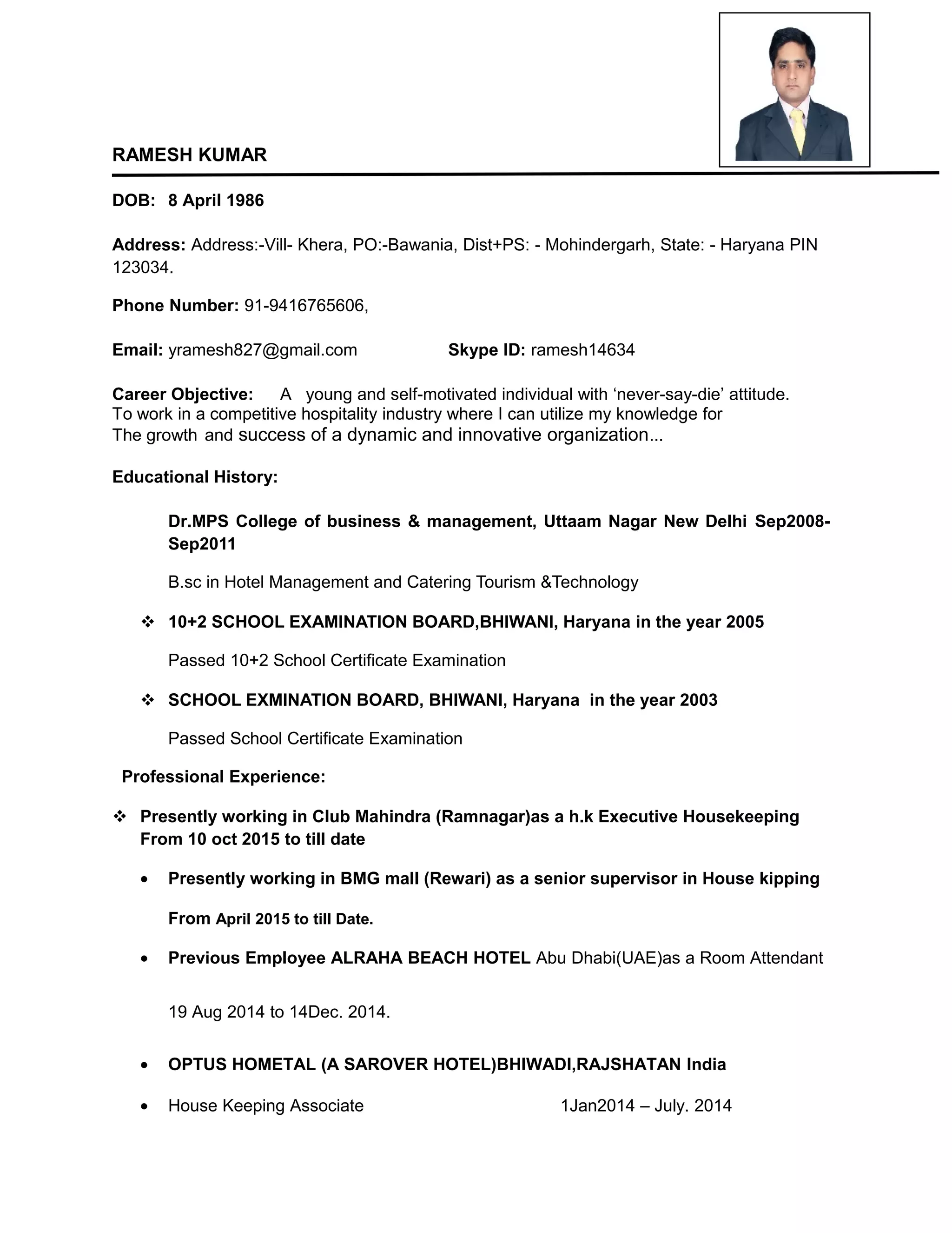 Ramesh Resume | DOC | Hotels and Motels | Travel Type