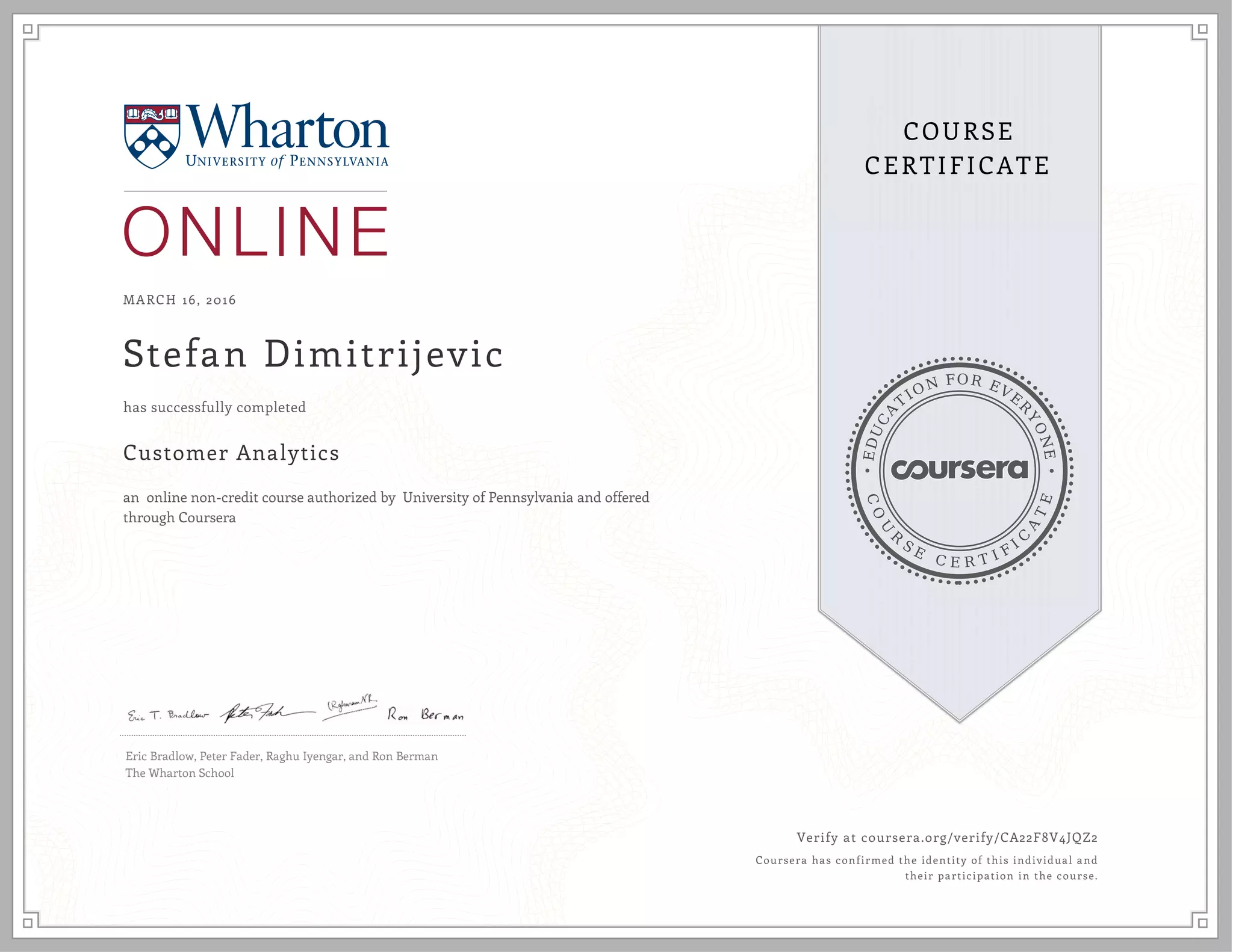 Stefan Dimitrijevic Customer Analytics Wharton (Coursera) | PPT