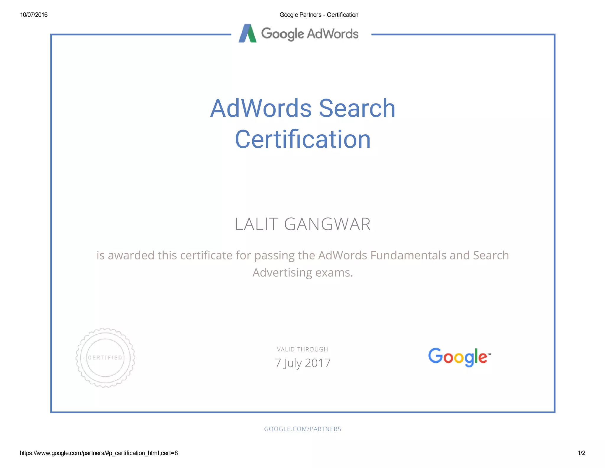 Google Partners - Search Advertising Certification | PDF