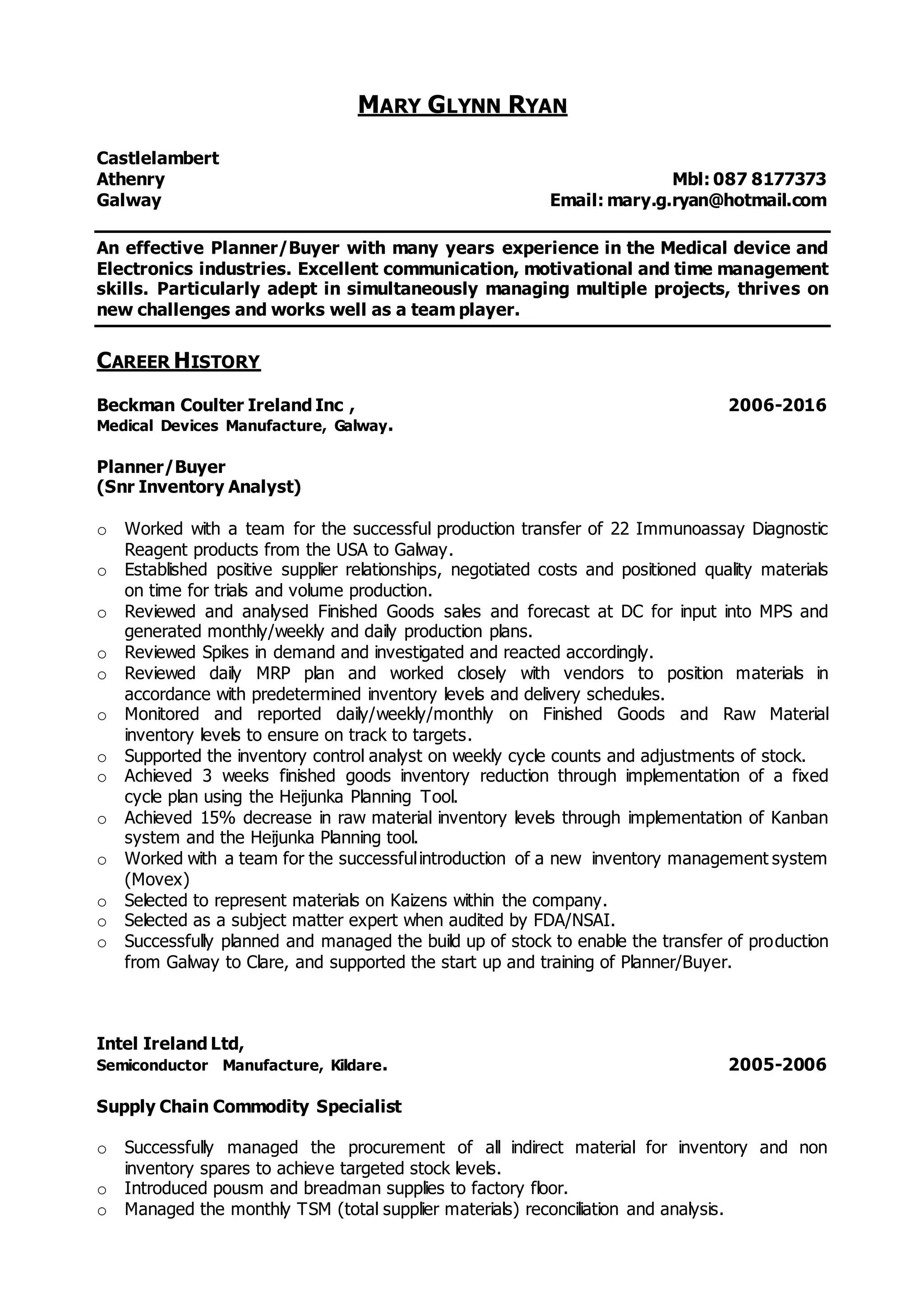 Mary Glynn Ryan CV | PDF