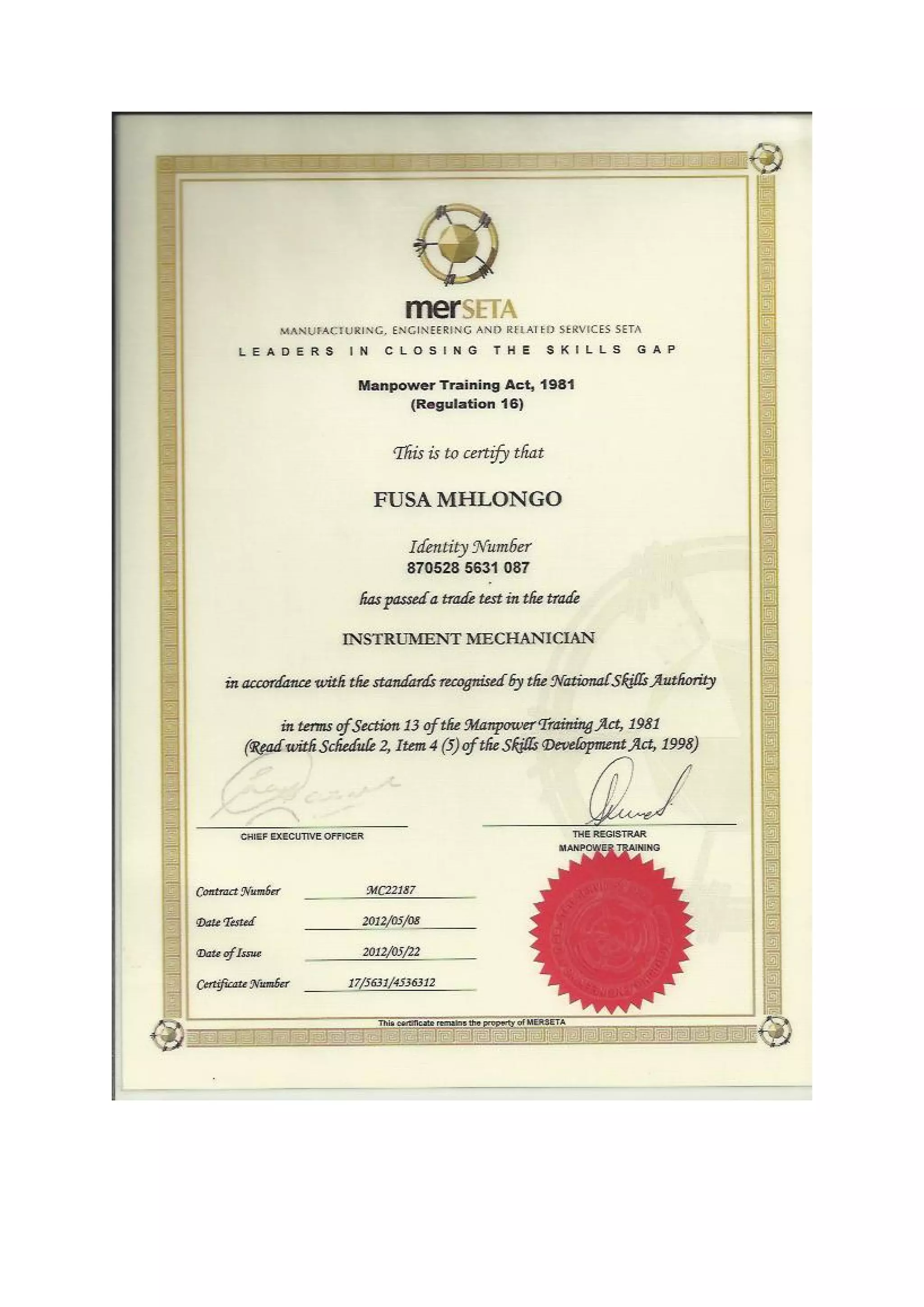 TRADE TEST CERT | PDF