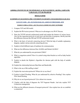 Eec702, dcn, important question | PDF