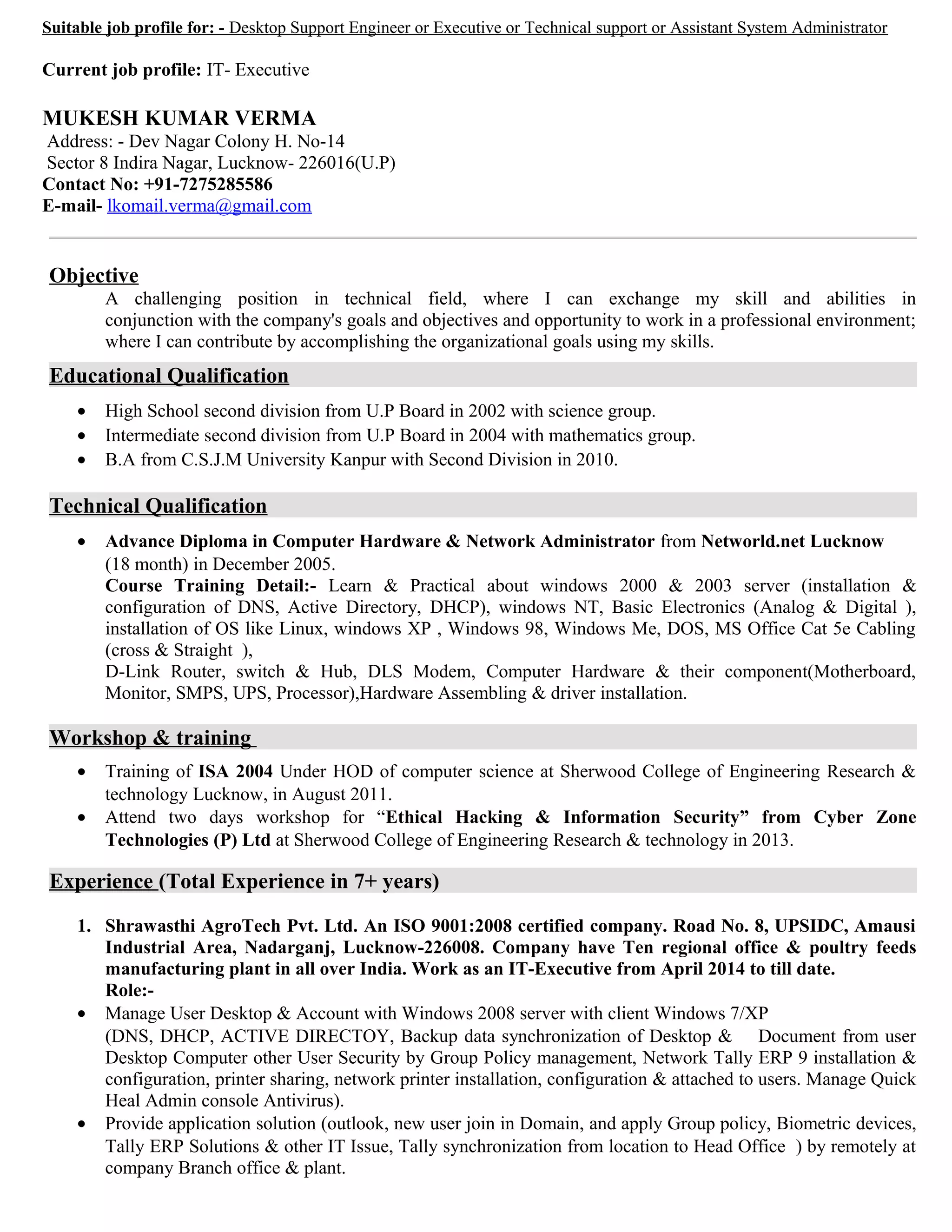 mukesh up dated Resume | DOC | IT and Internet Support | Internet