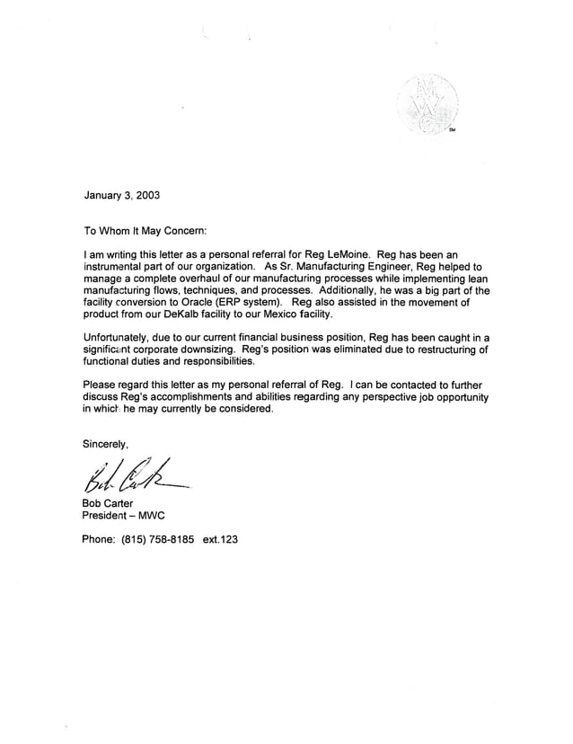 Letter of Recommendation from CEO