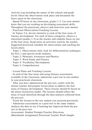 EED-470 Practicum Teacher Work Sample Benchmark Assessment a.docx