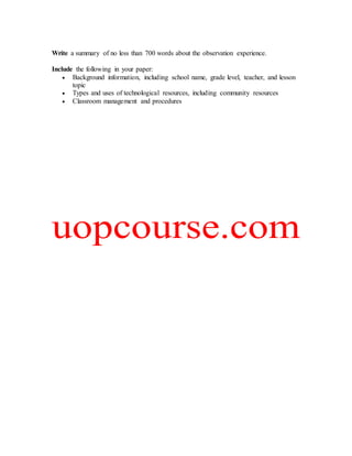 Eed 430 week 3 classroom observation reflection paper | DOCX