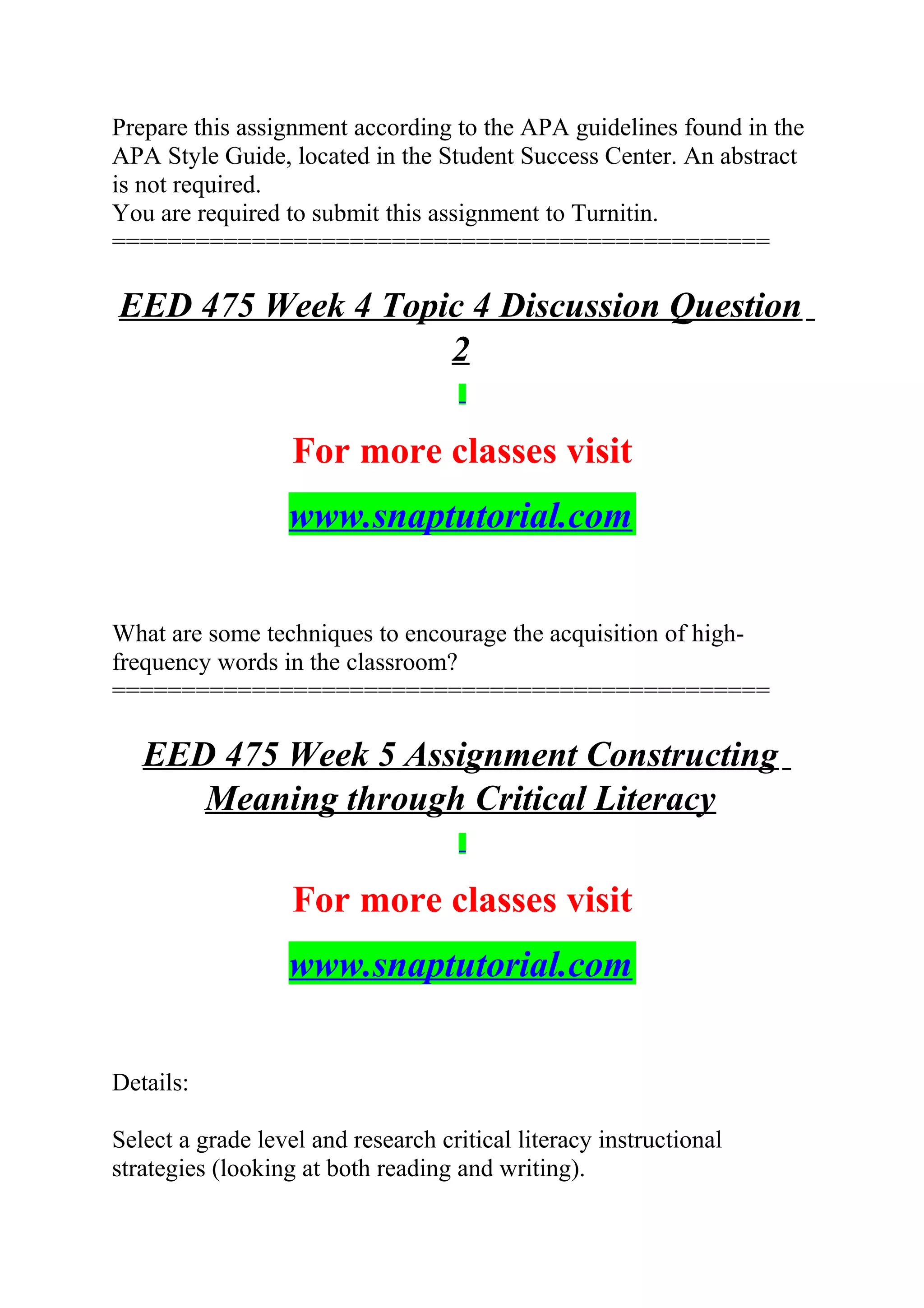 Eed 475 Enhance teaching-snaptutorial.com