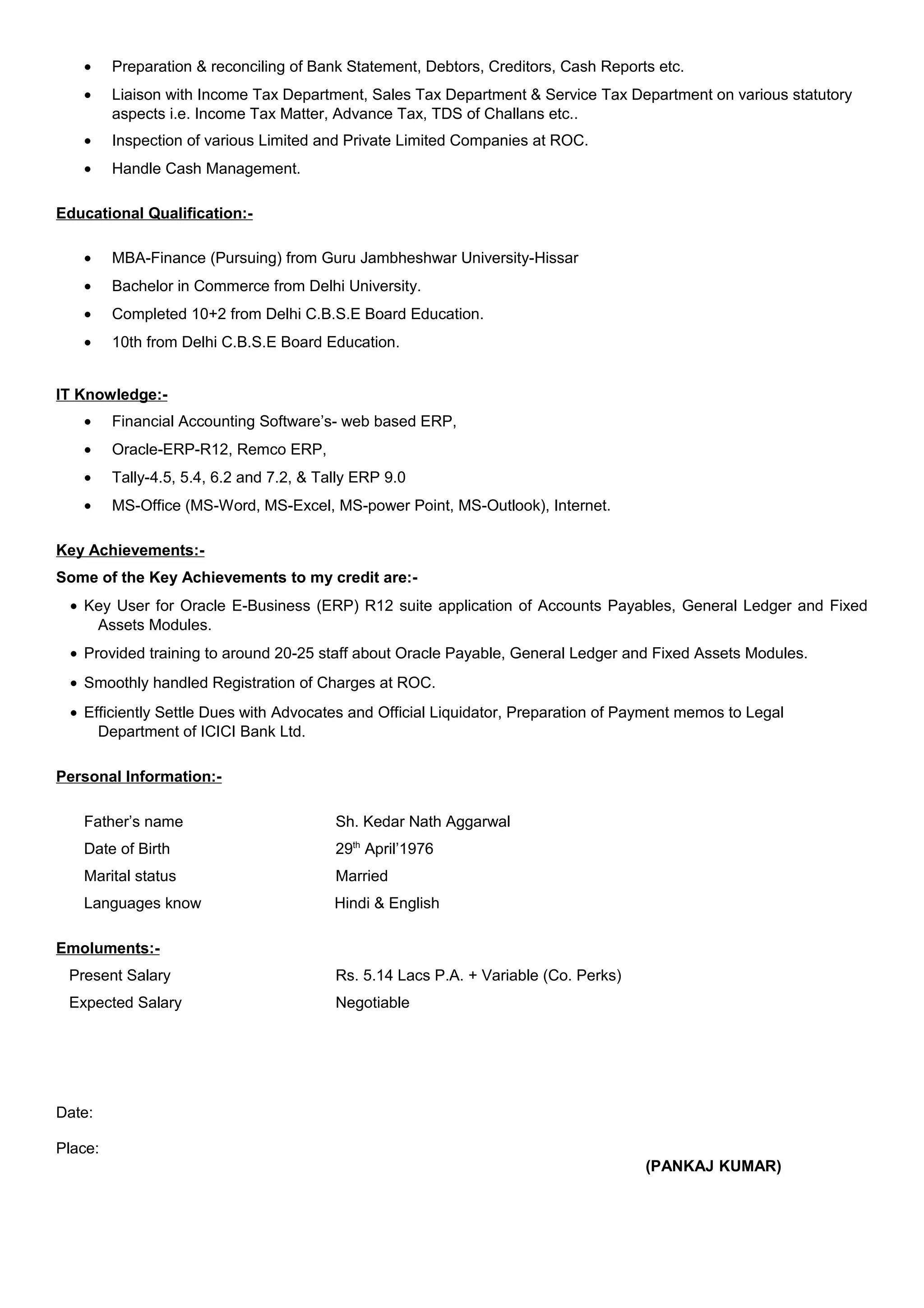 PANKAJ KUMAR AGGARWAL-CV -NEW-1 | DOC | Business Accounting & Finance | Business