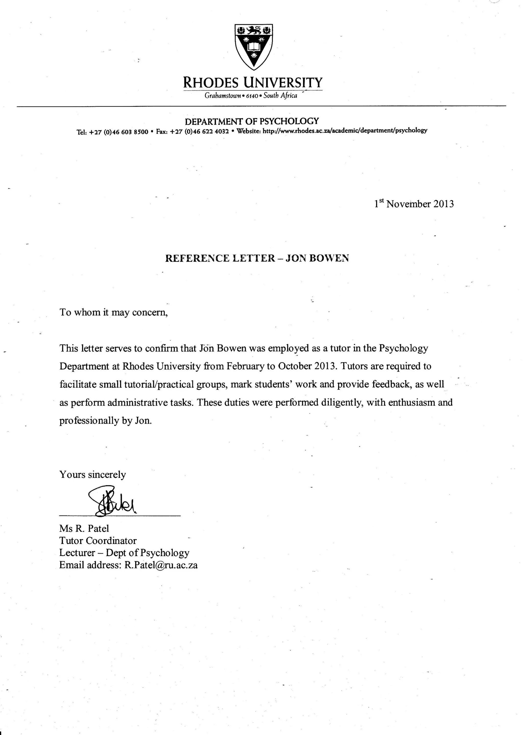 Rhodes University psychology department reference letter for Jon ...