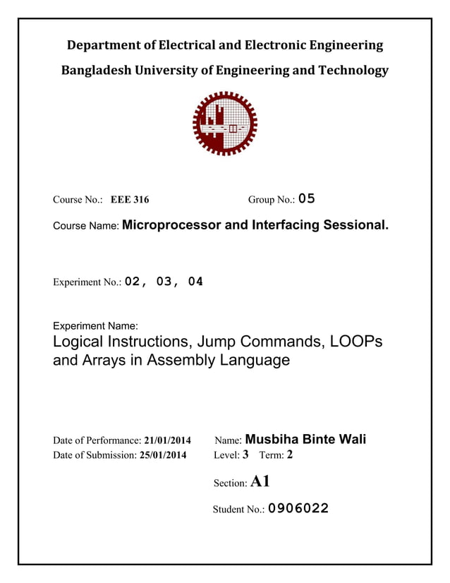 Eee316: Logical Instructions, Jump Commands, LOOPs and Arrays in ...