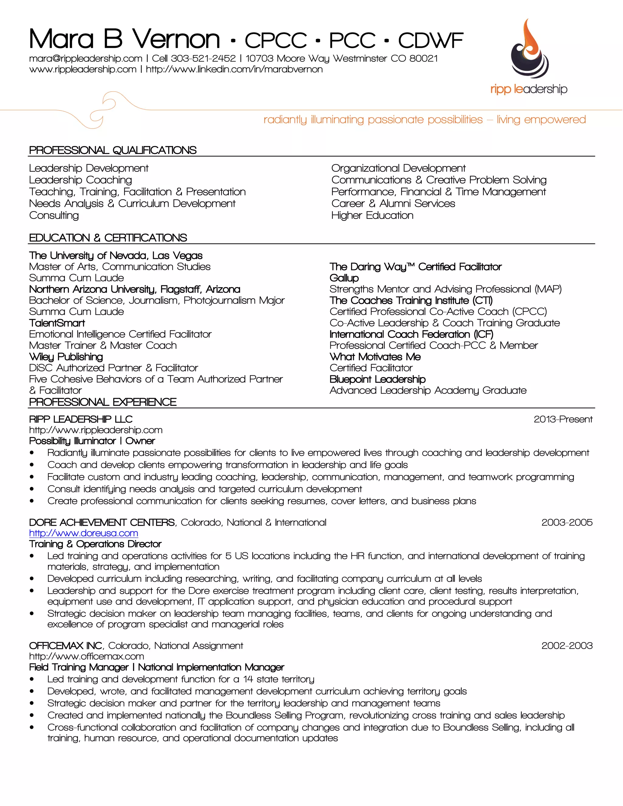 Mara B Vernon CPCC PCC CDWF Resume | PDF