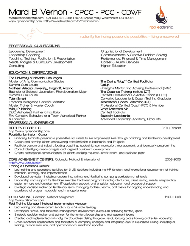 Mara B Vernon CPCC PCC CDWF Resume | PDF