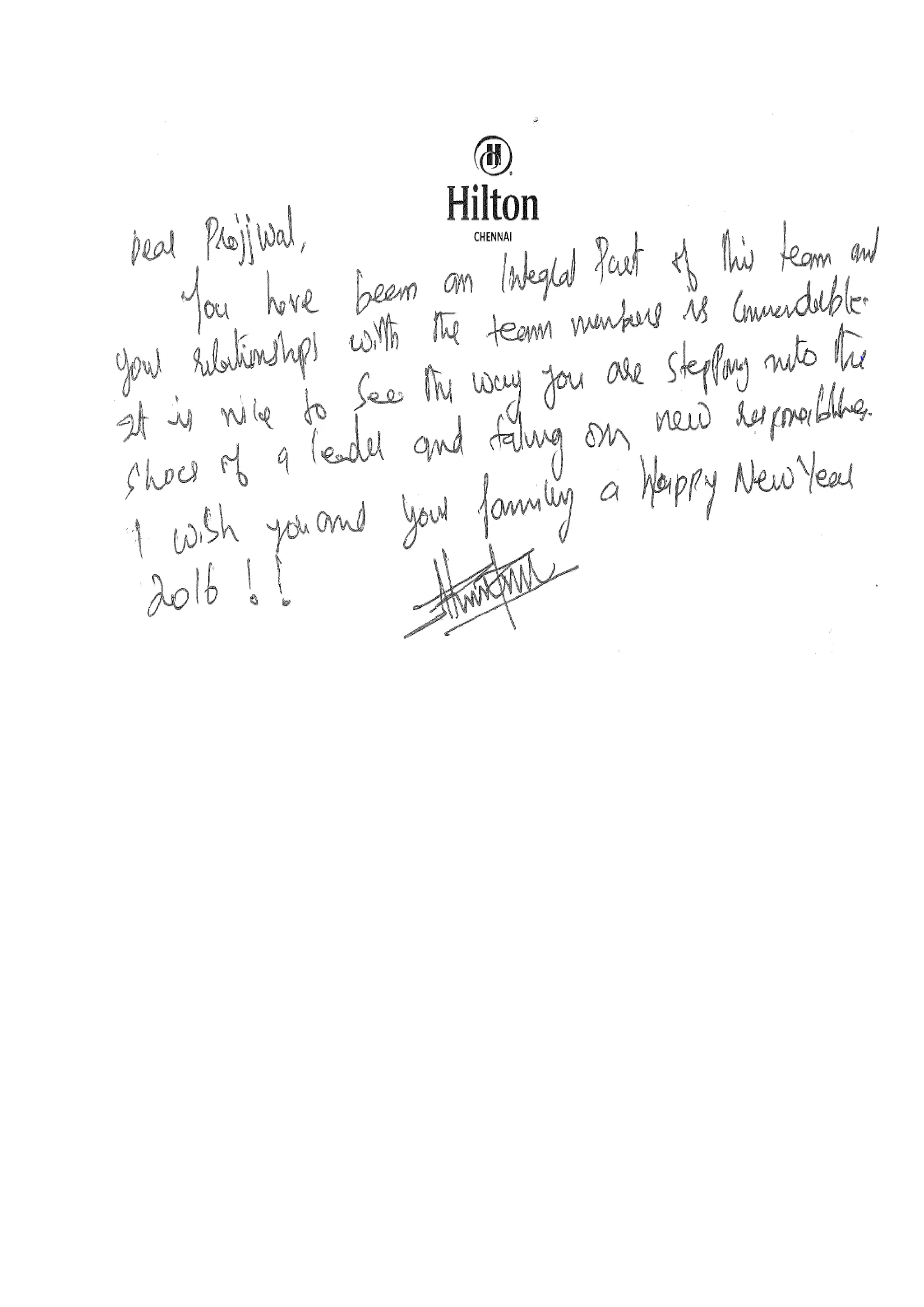 Appreciation letter - DOS at Hilton Chennai | PDF
