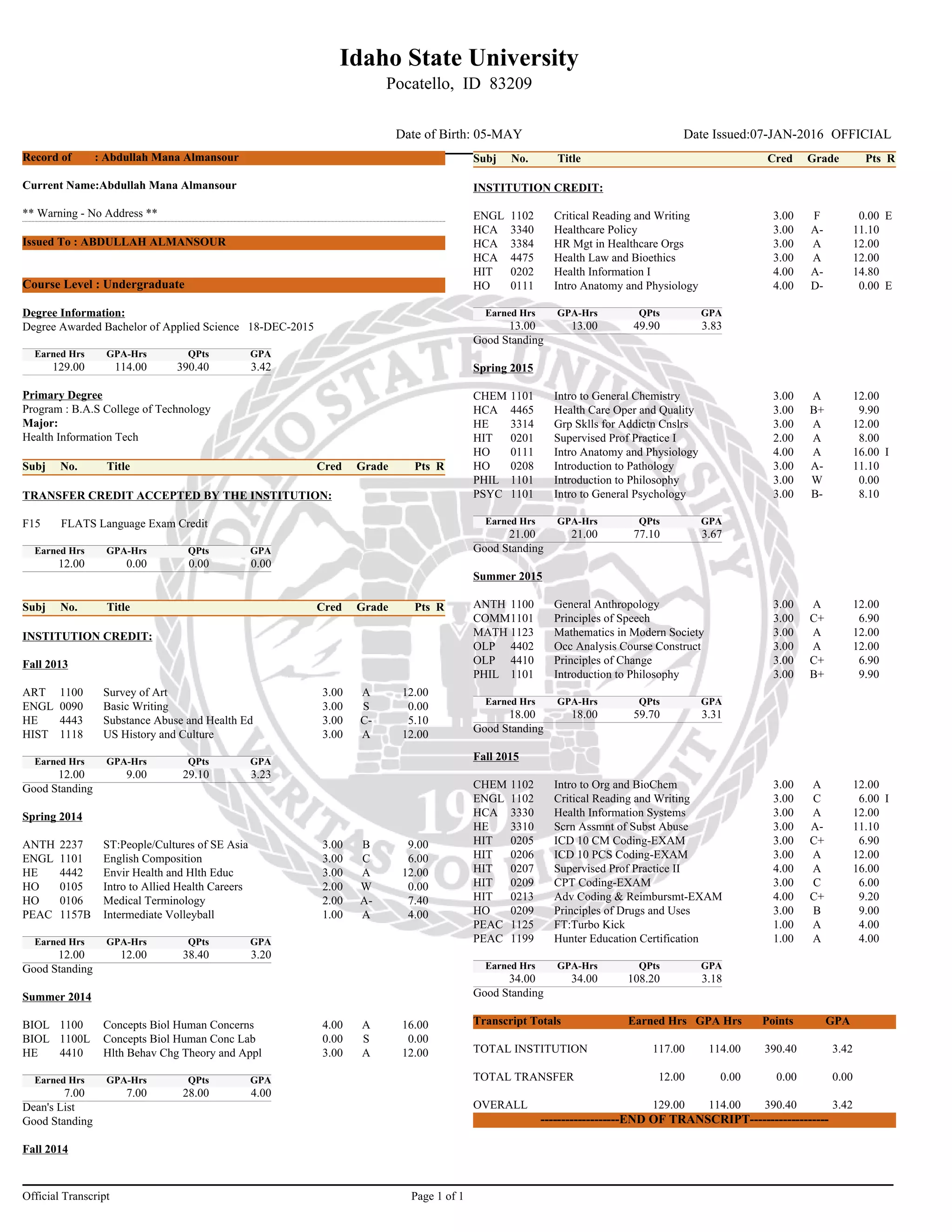 Transcript Abdullah Almansour 2 | PDF