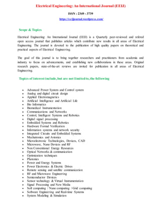 Call for papers - Electrical Engineering: An International Journal (EEIJ) | PDF