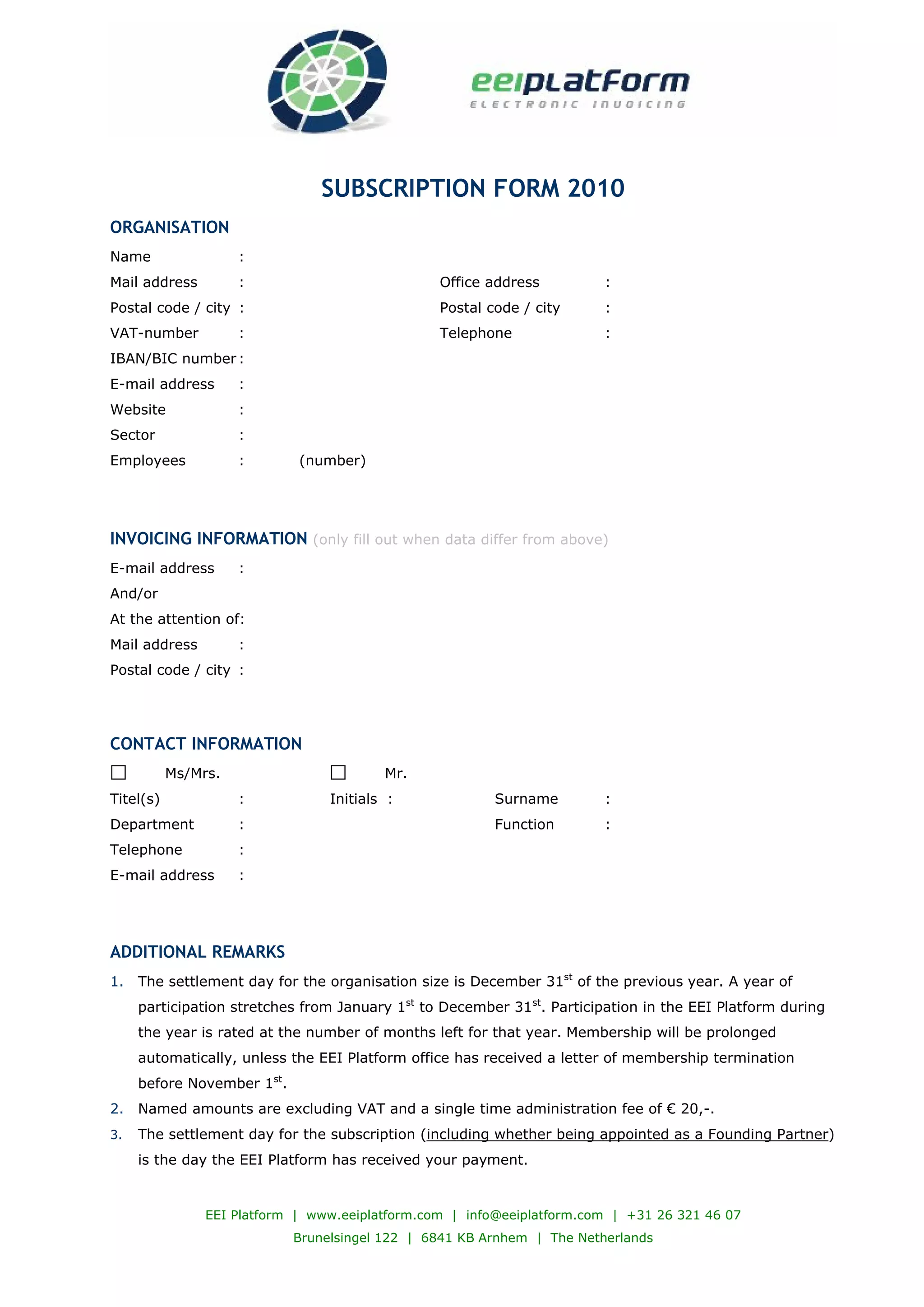 EEI Platform 2010 Subscription And Investment Form | PDF | Business ...