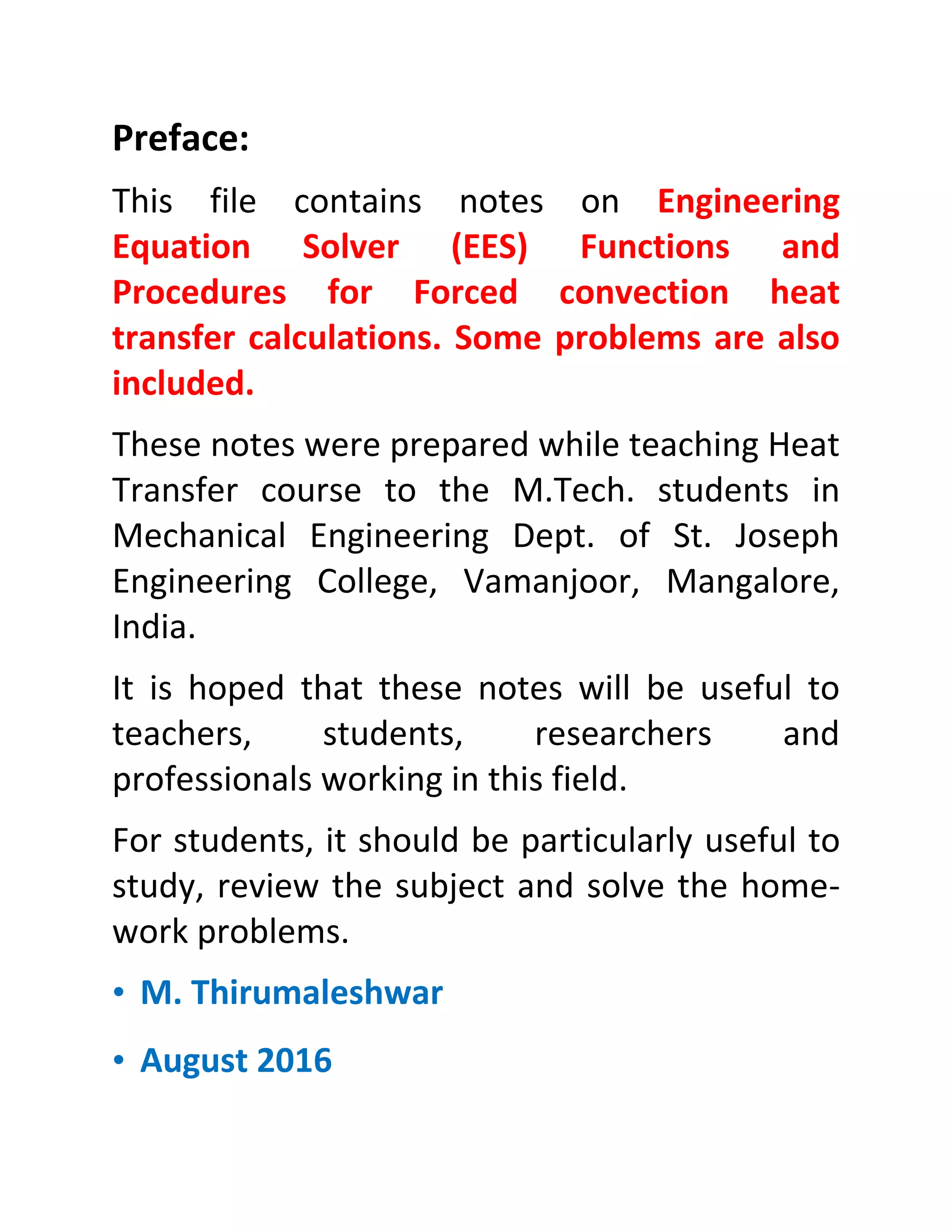Ees Functions And Procedures For Forced Convection Heat Transfer Pdf Physics Science