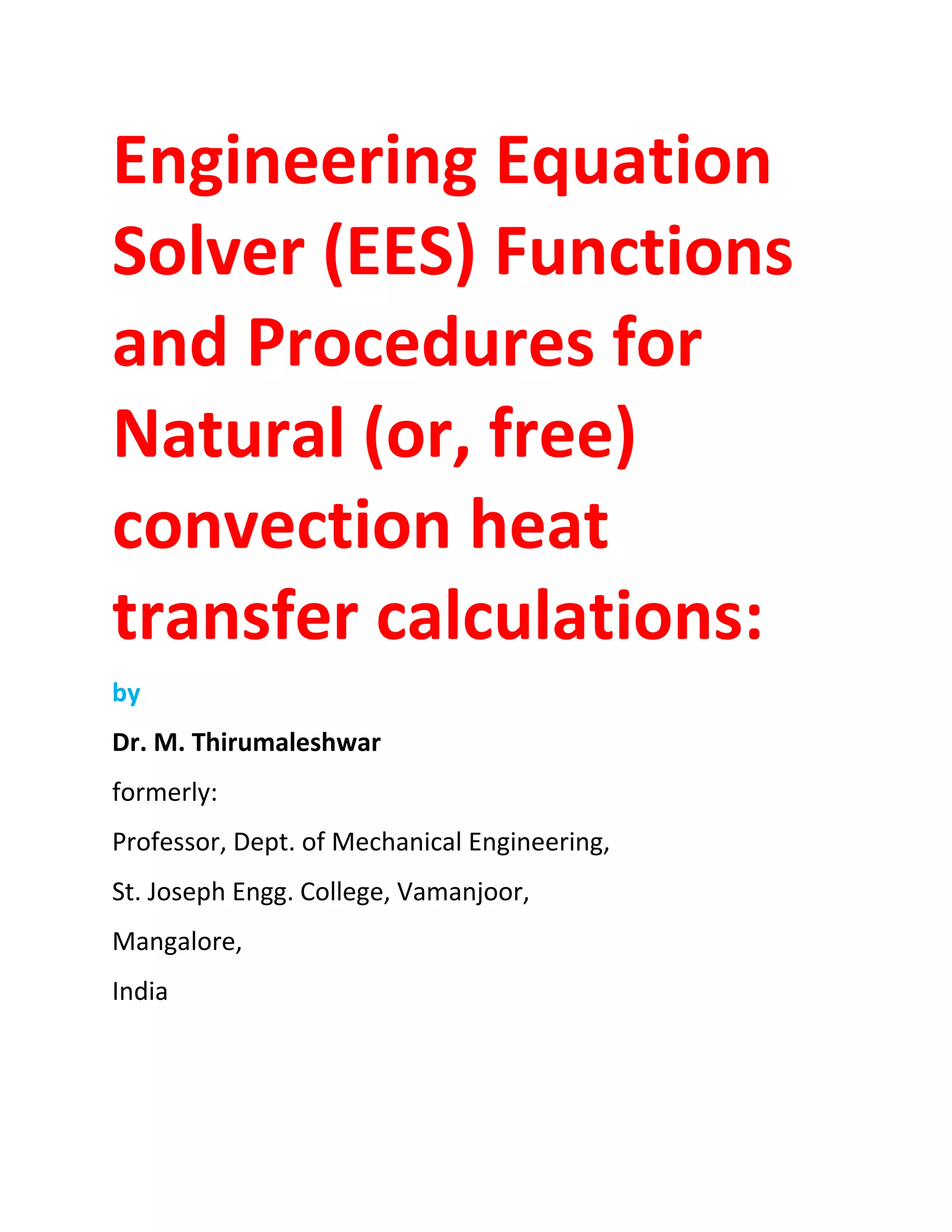 EES Functions and Procedures for Natural convection heat transfer | PDF