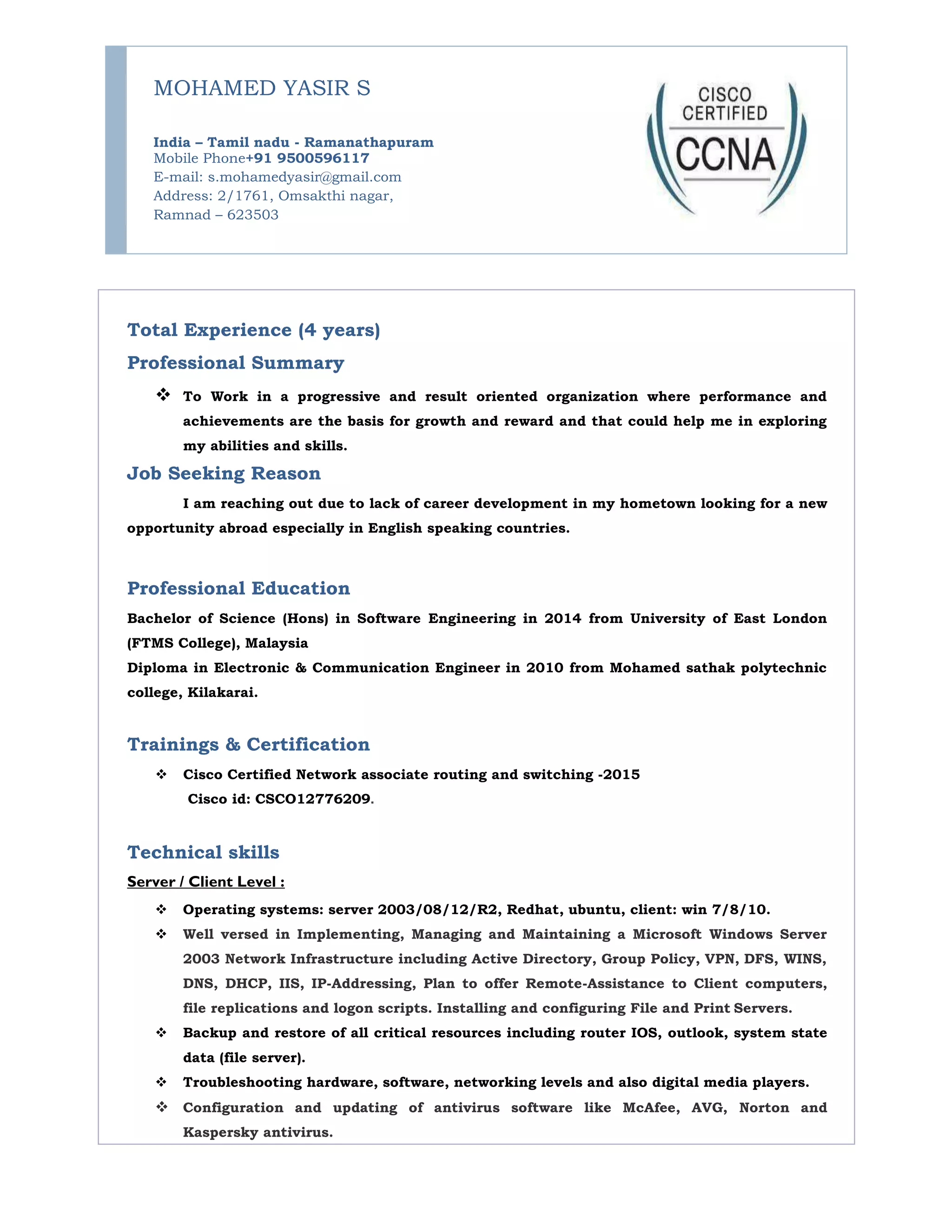 Resume & Ceritificate mohamed yasir | PDF