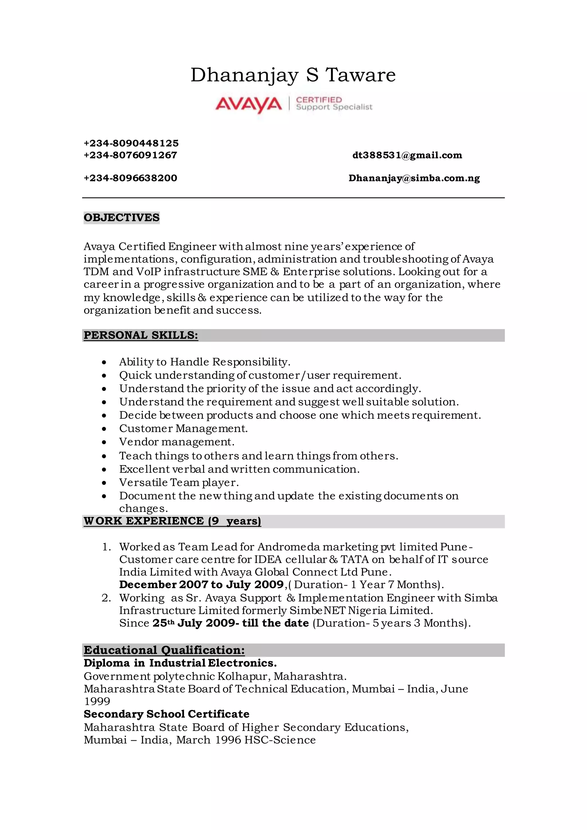 Dhananjay CV-Avaya Specialist | PDF