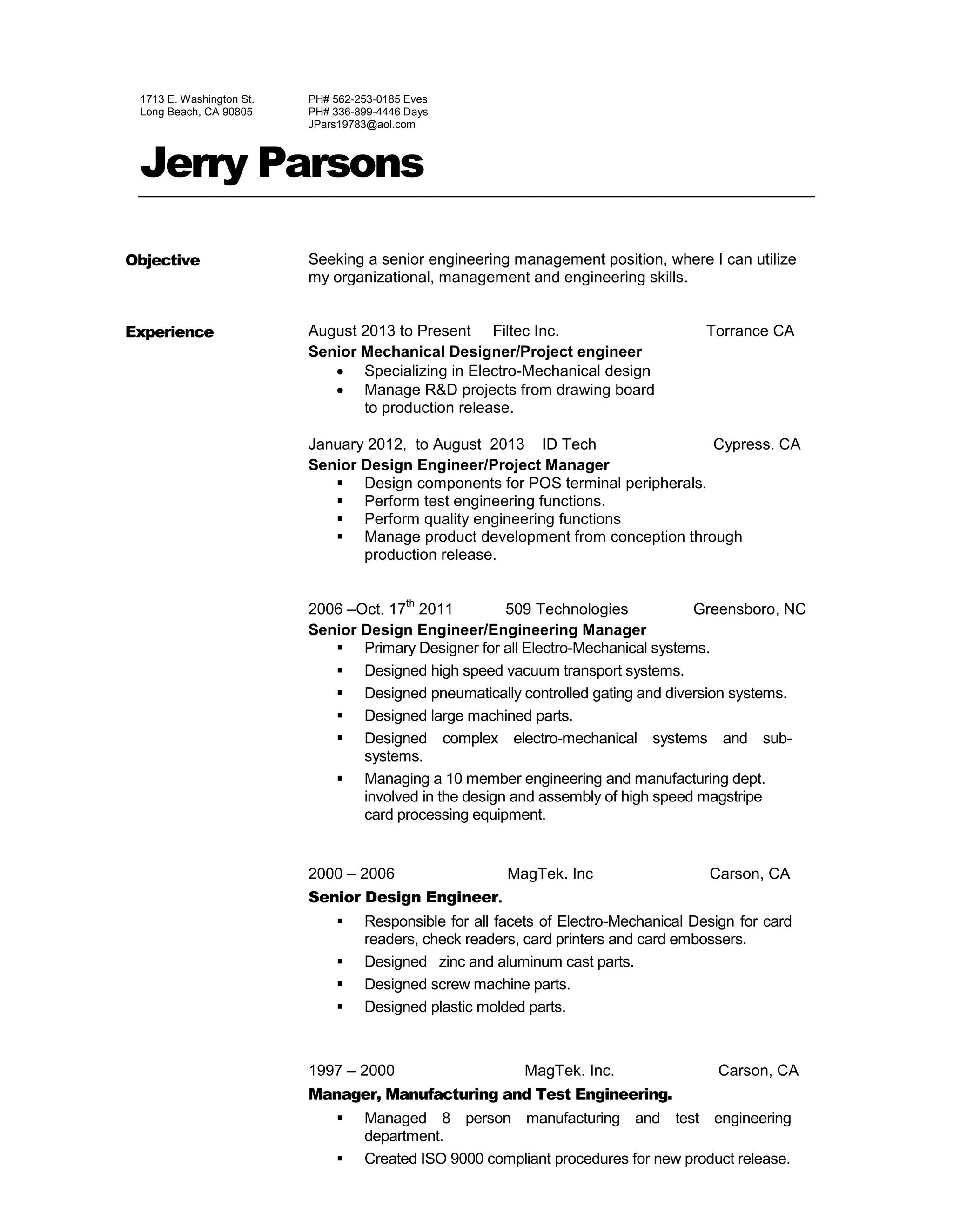 Jerry Parsons resume 2016, engineer manager | PDF