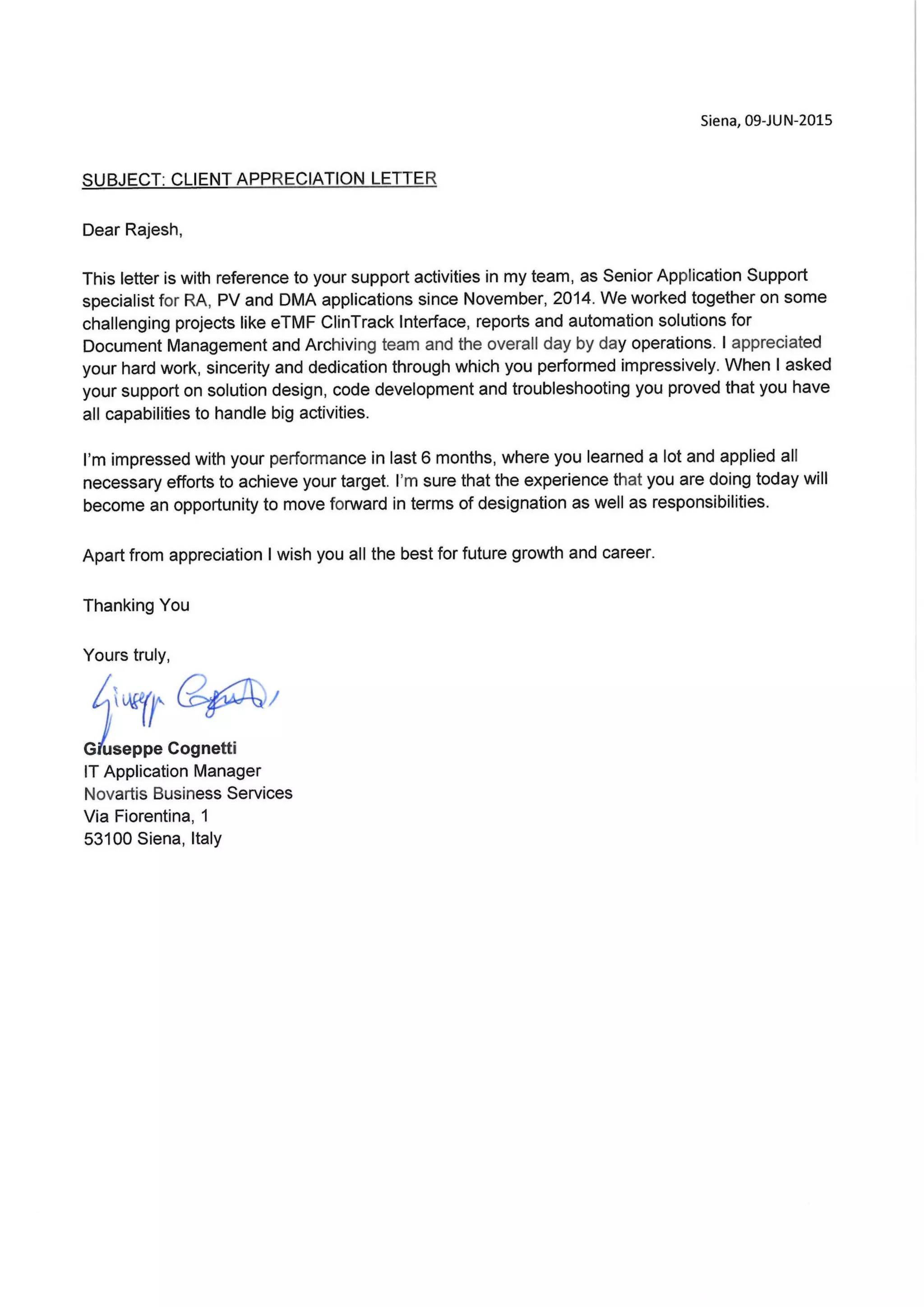 Appreciation Letter | PDF