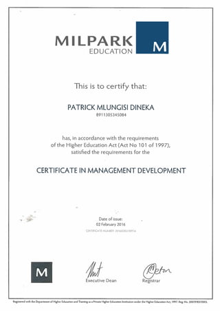 Milpark Certificate | PDF