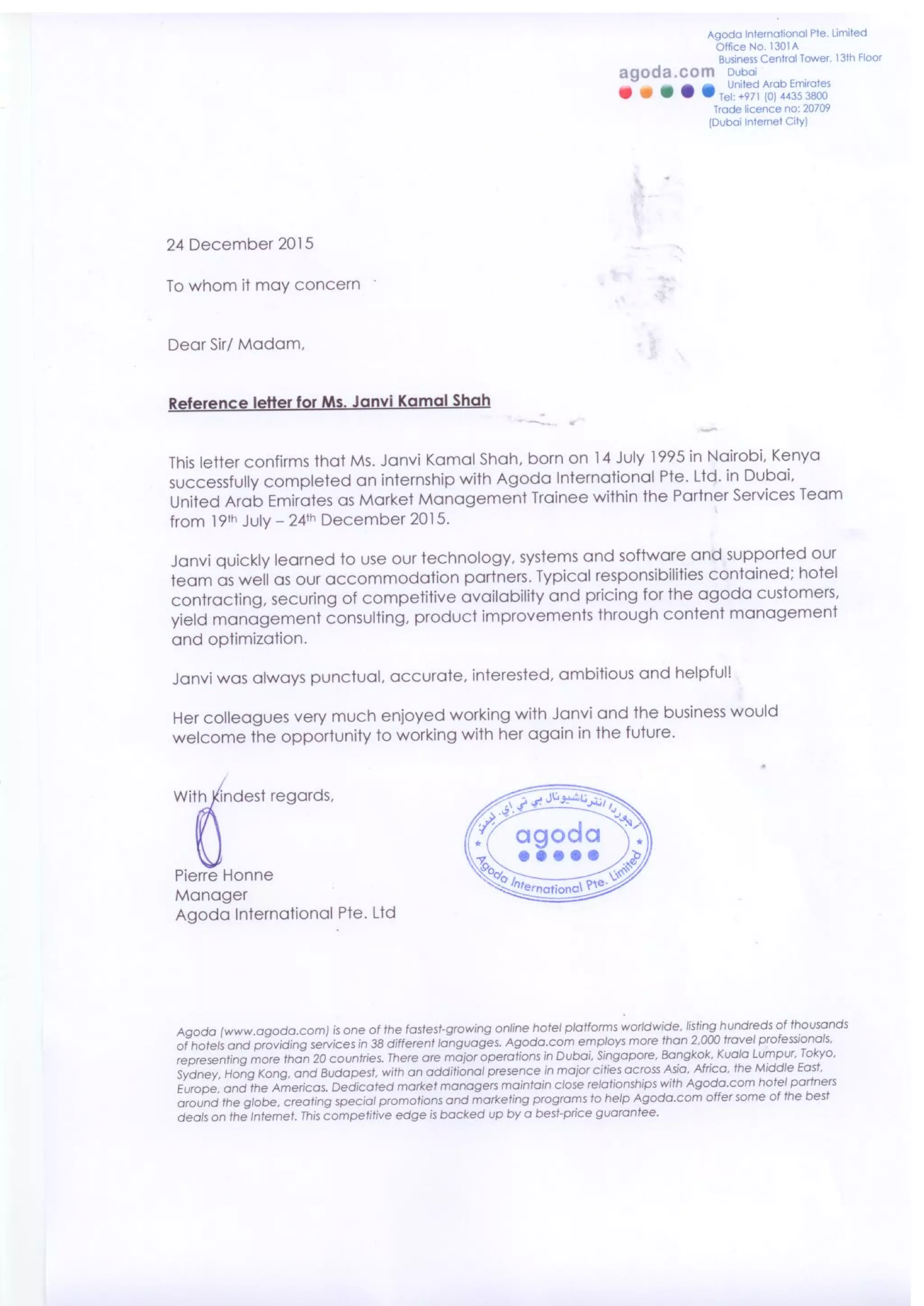 Agoda - Reference Letter | PDF