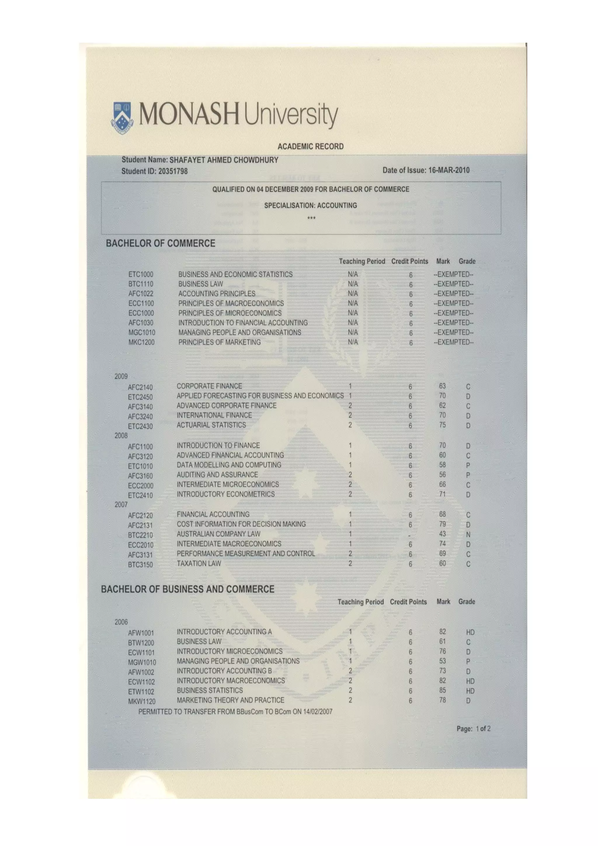 Academic Transcript-Monash University | PDF